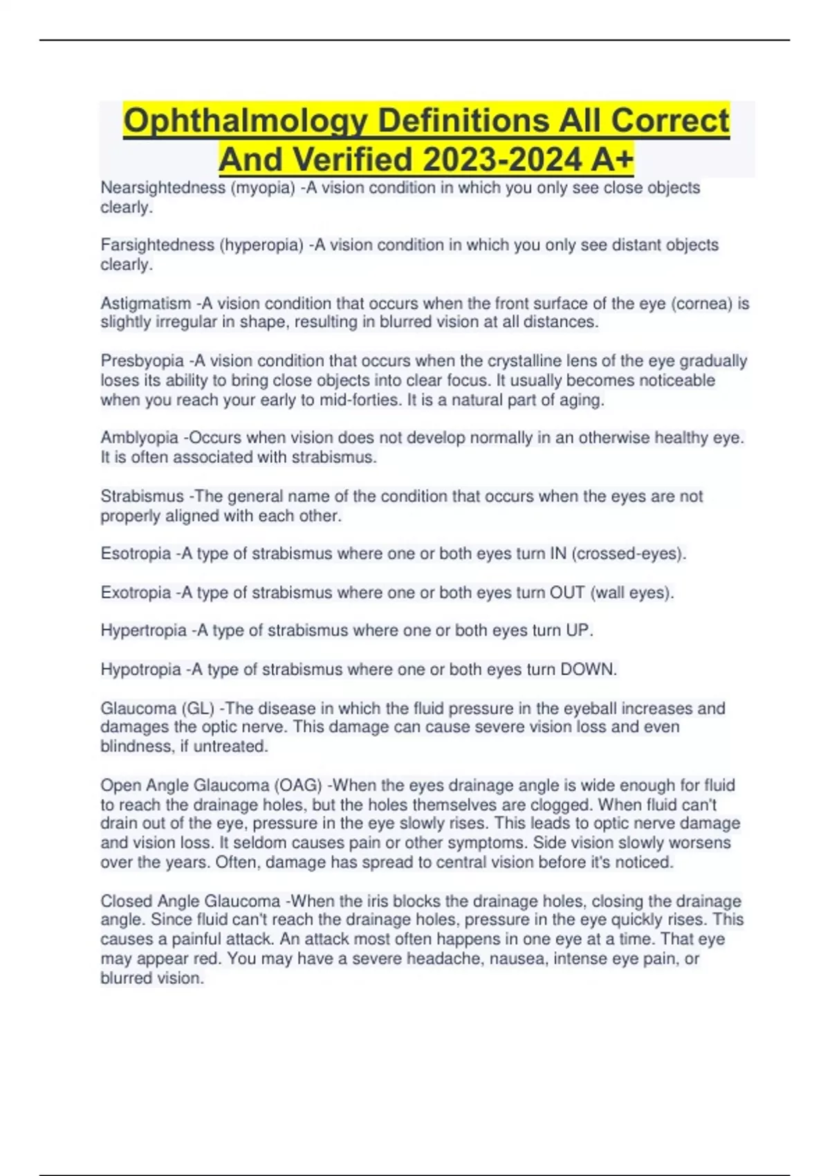 Ophthalmology Definitions All Correct And Verified A+ - Ophthalmology ...