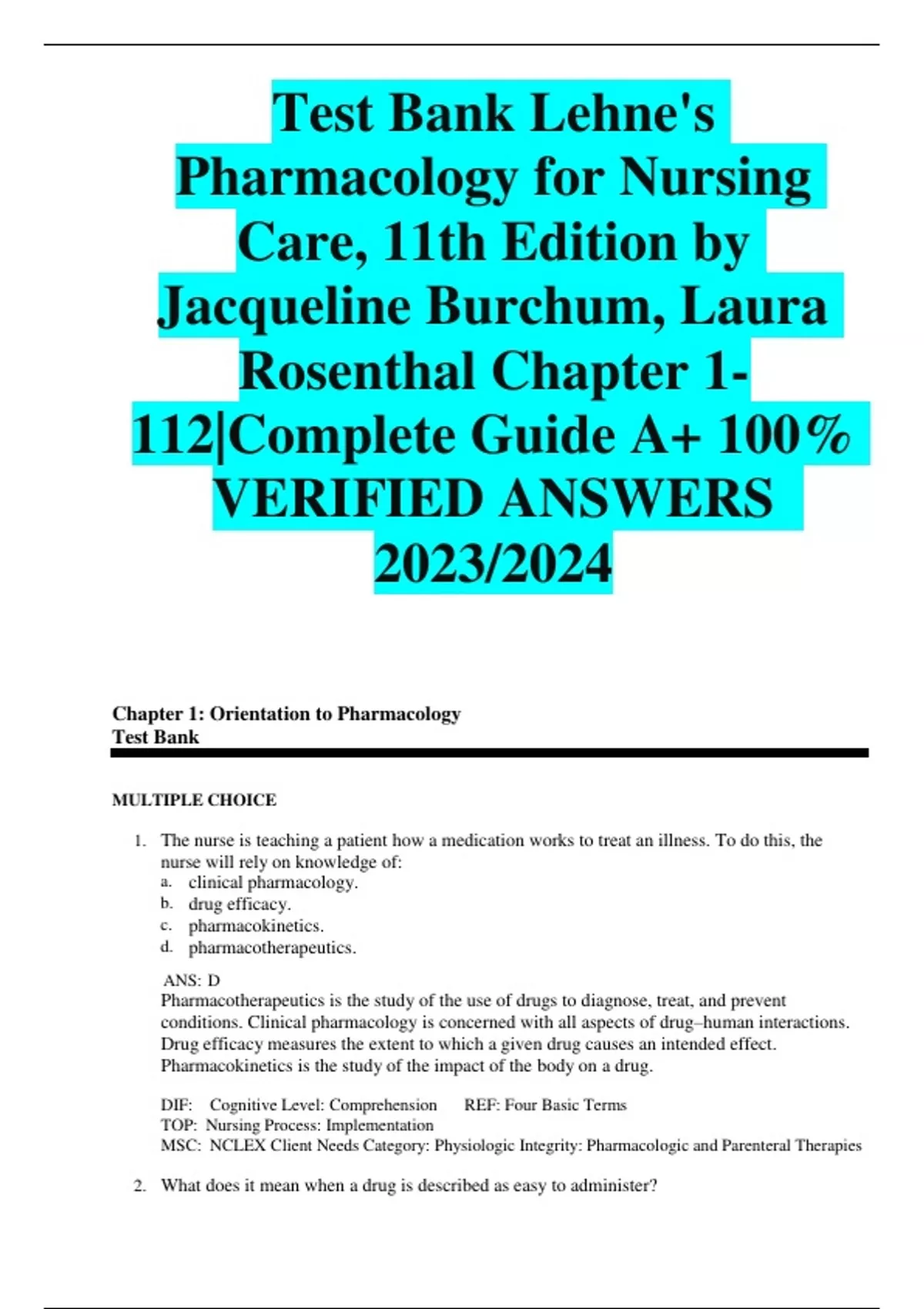 Test Bank Lehne's Pharmacology for Nursing Care, 11th Edition by ...