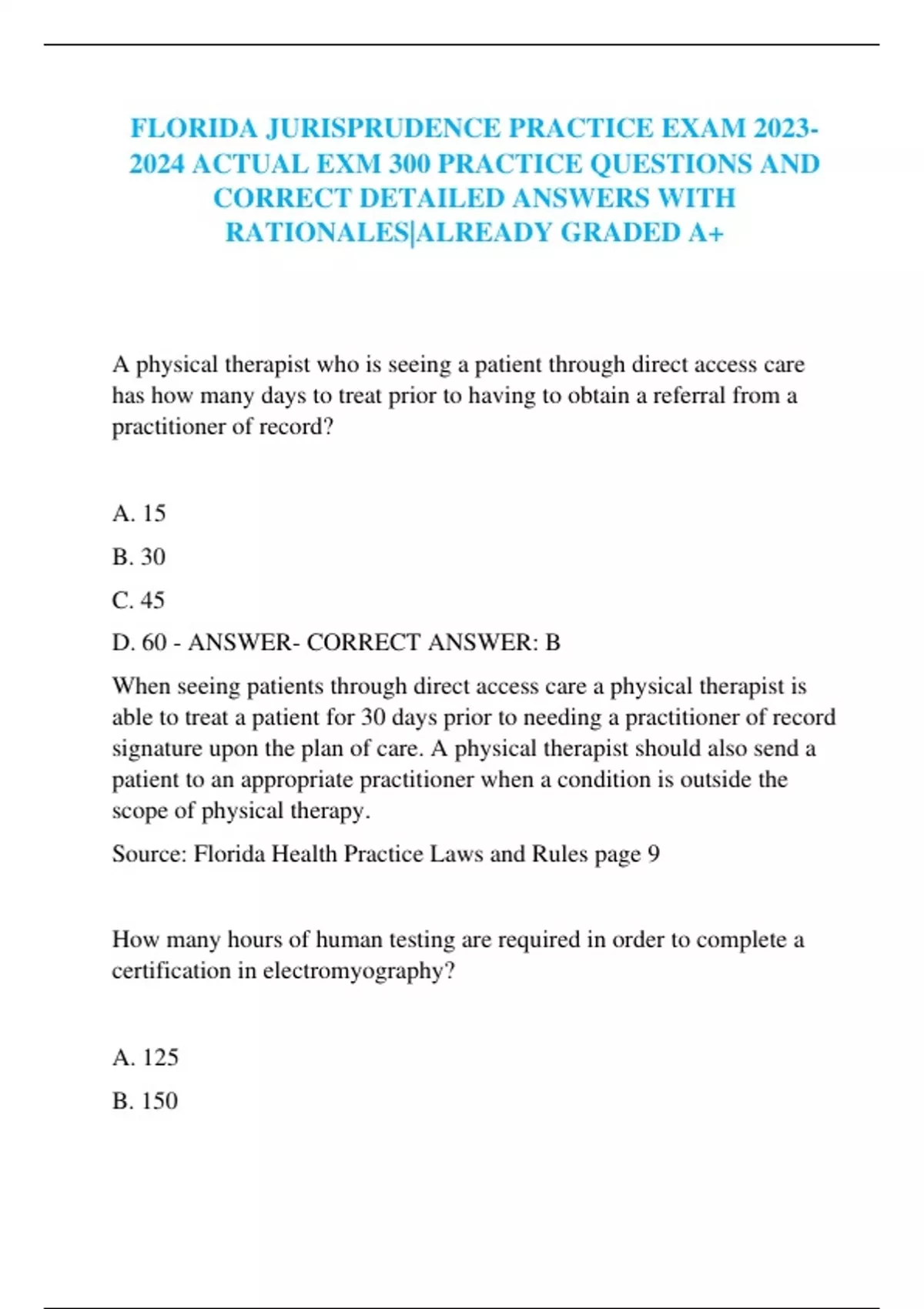 FLORIDA JURISPRUDENCE PRACTICE EXAM ACTUAL EXM 300 PRACTICE QUESTIONS ...