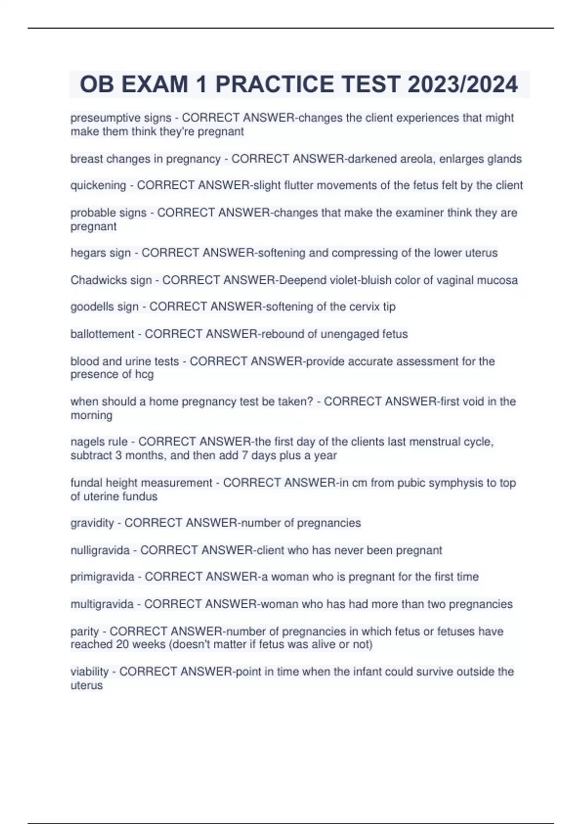 OB EXAM 1 PRACTICE TEST 2023/2024 - OB women health - Stuvia US