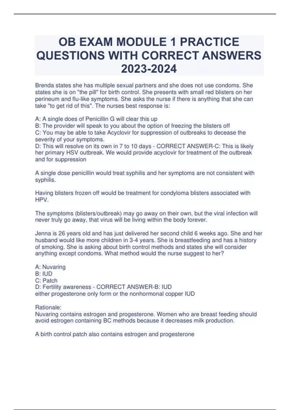 OB EXAM MODULE 1 PRACTICE QUESTIONS WITH CORRECT ANSWERS - OB women ...