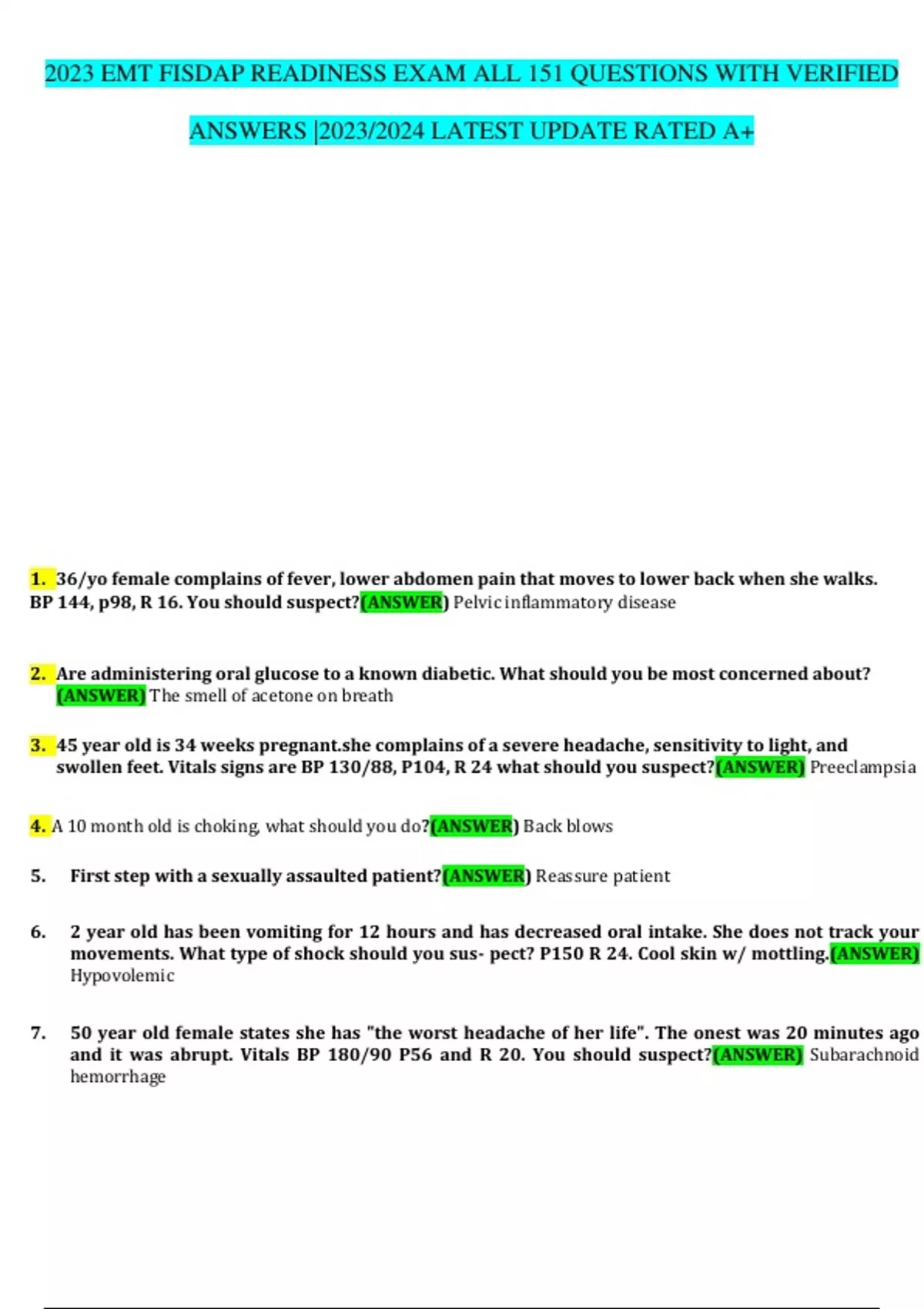 2023 EMT FISDAP READINESS EXAM ALL 151 QUESTIONS WITH VERIFIED ANSWERS ...