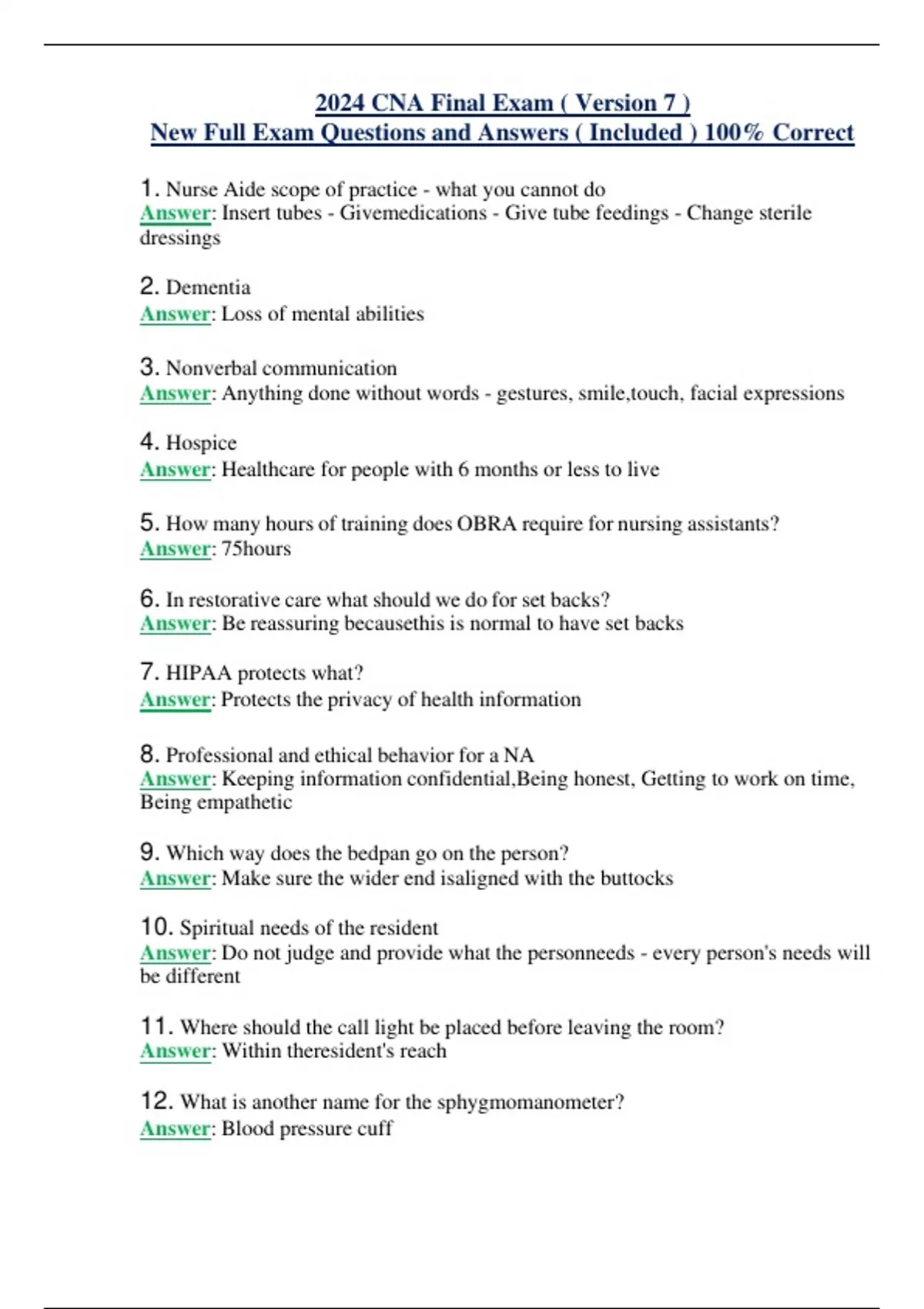 2024 CNA Final Exam ( Version 7 ) New Full Exam Questions and Answers ...