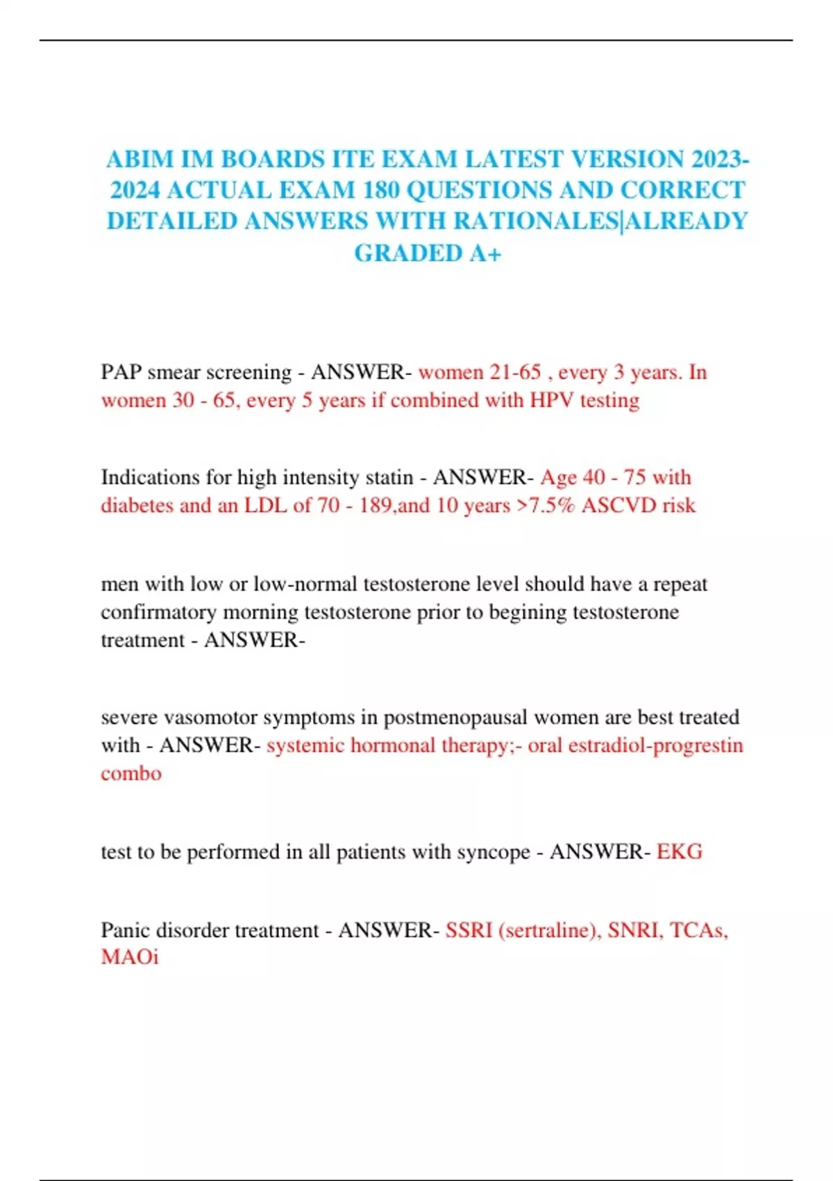 ABIM IM BOARDS ITE EXAM LATEST VERSION ACTUAL EXAM 180 QUESTIONS AND ...