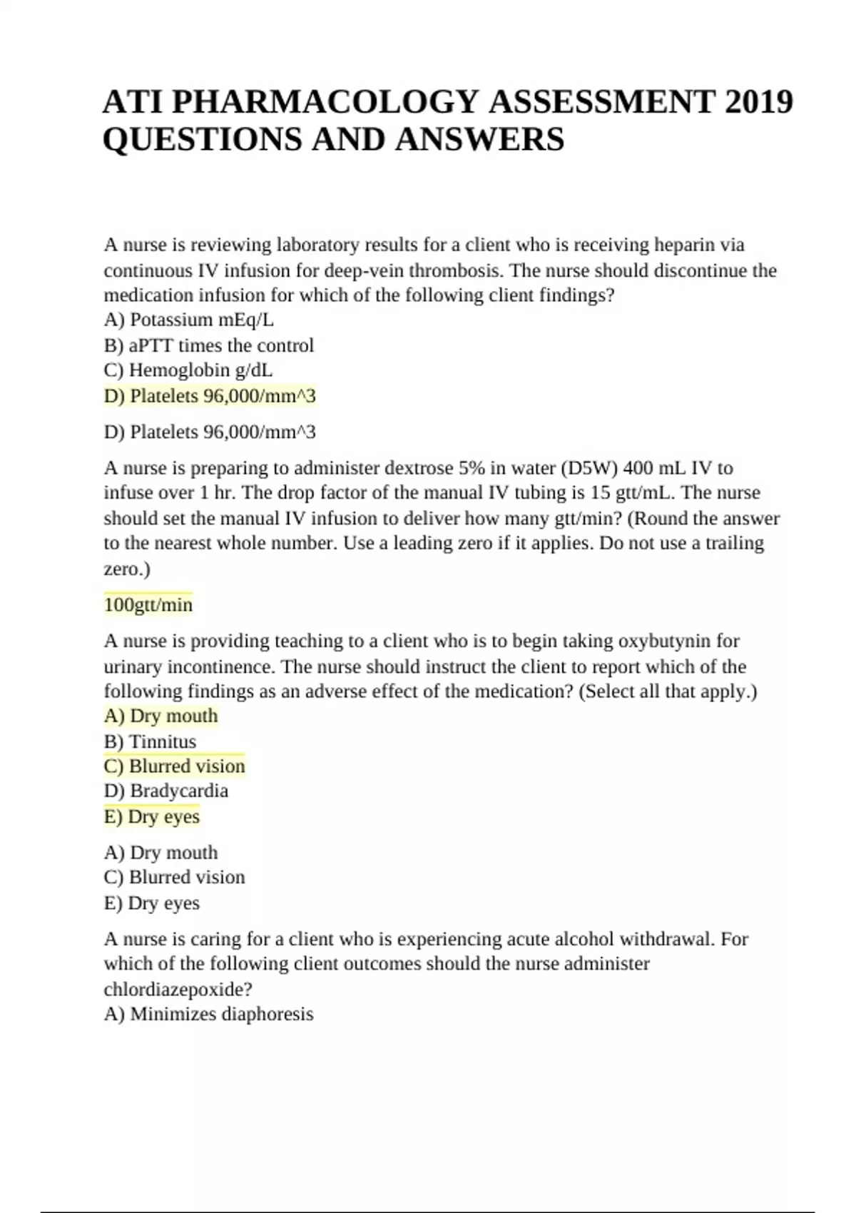 ATI PHARMACOLOGY ASSESSMENT 2019 QUESTIONS AND ANSWERS - ATI ...