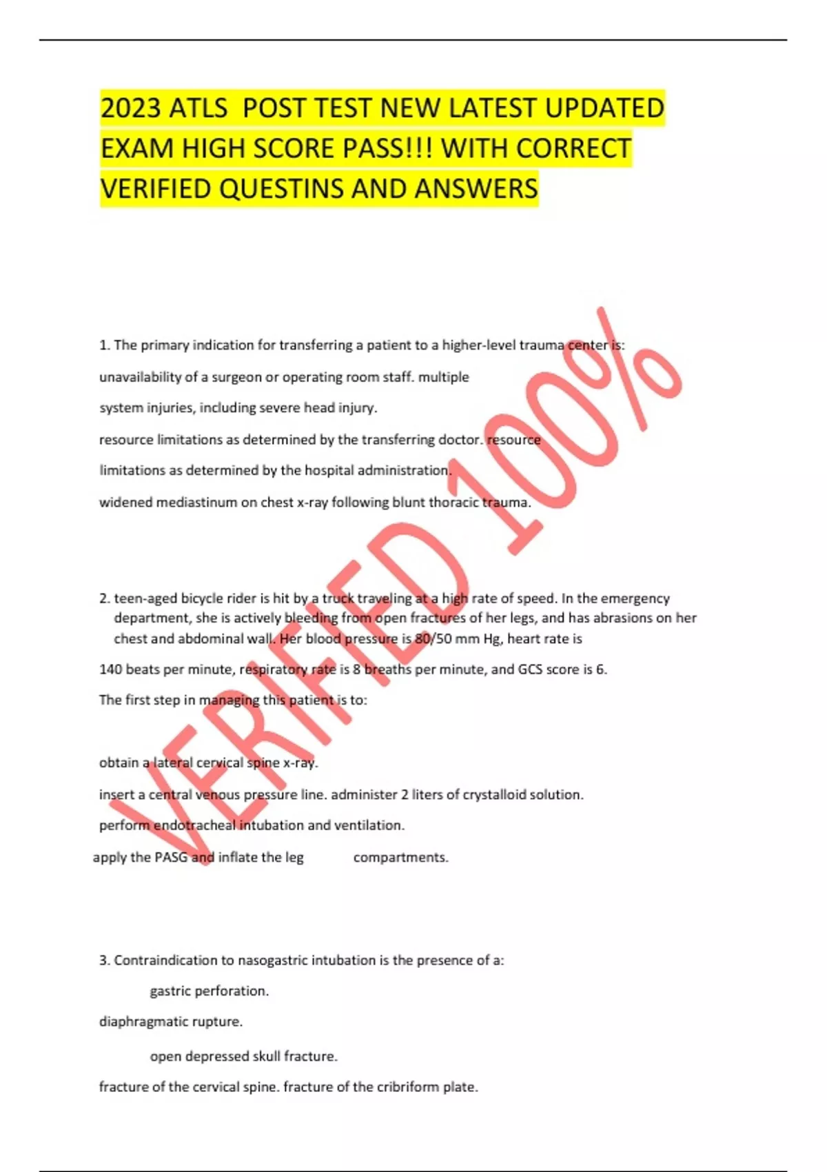 2023 ATLS POST TEST NEW LATEST UPDATED EXAM HIGH SCORE PASS!!! WITH ...