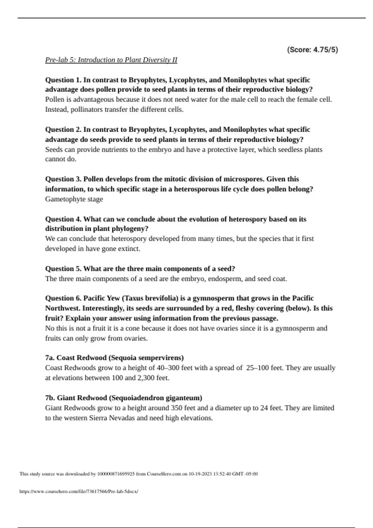 BIS 2C Pre-lab 5: Introduction to Plant Diversity II ( Graded A+ ...