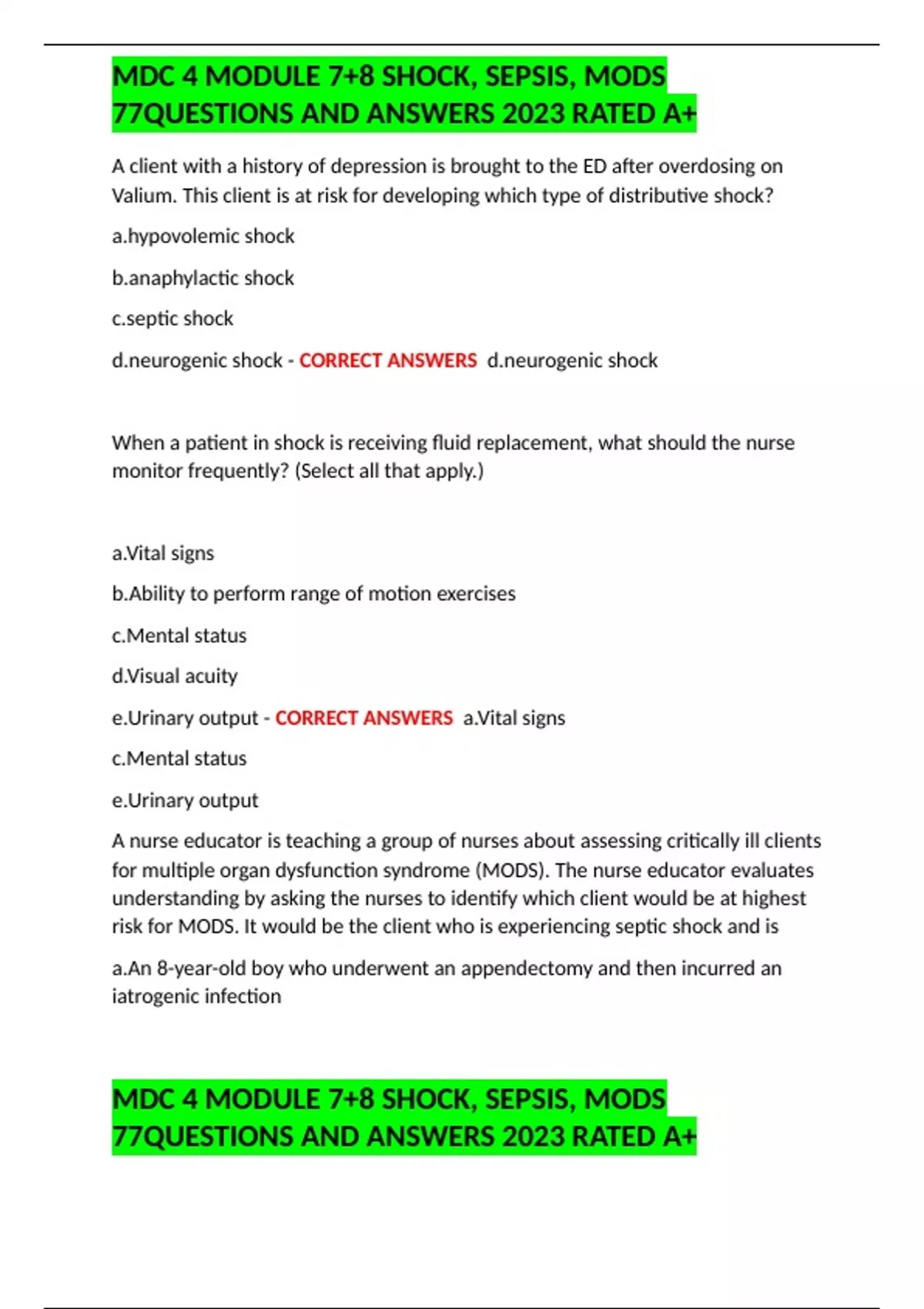 MDC 4 MODULE 7+8 SHOCK, SEPSIS, MODS 77QUESTIONS AND ANSWERS 2023 RATED ...