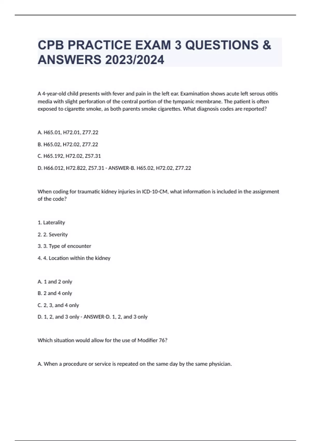 CPB PRACTICE EXAM 3 QUESTIONS & ANSWERS 2023/2024 - CPB - Stuvia US