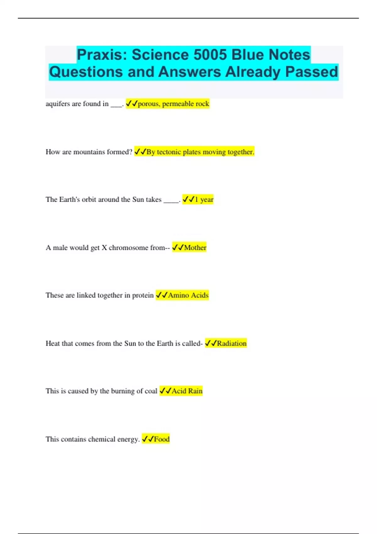 Praxis: Science 5005 Blue Notes Questions and Answers Already Passed ...