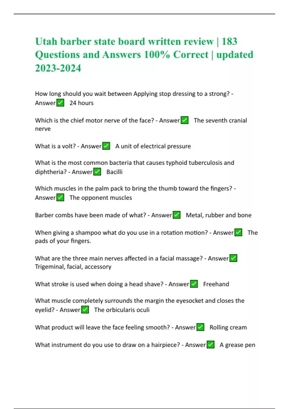 Utah barber state board written review | 183 Questions and Answers 100% ...