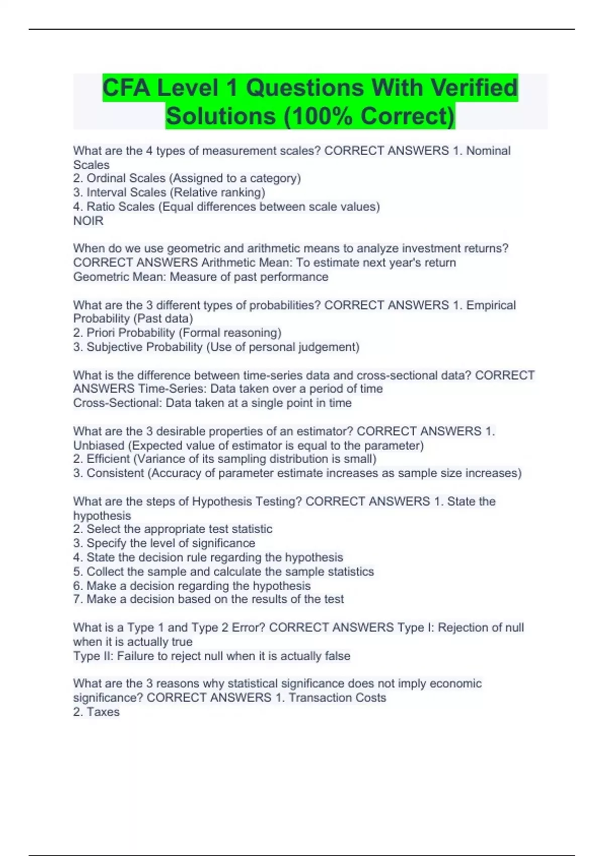 Cfa Level 1 Questions With Verified Solutions 100 Correct Cfa Chartered Financial Analyst