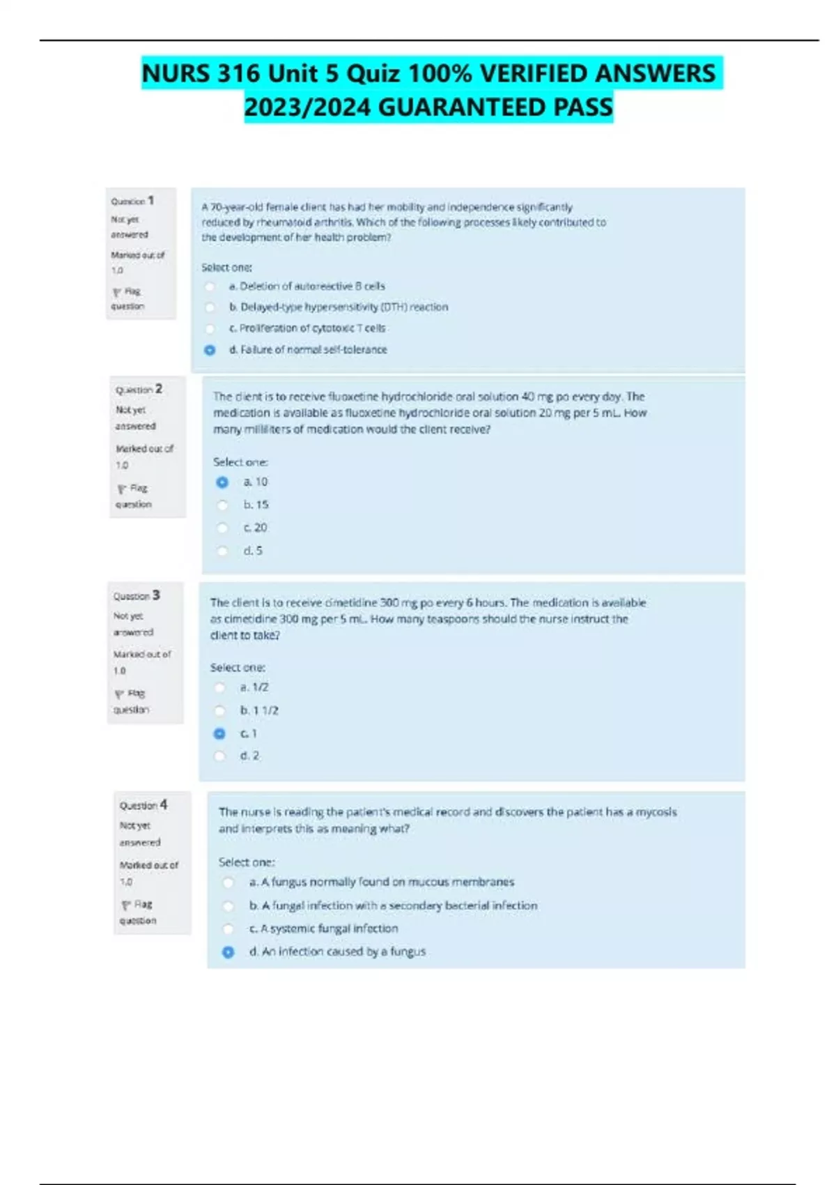 NURS 316 Unit 5 Quiz 100% VERIFIED ANSWERS 2023/2024 GUARANTEED PASS - NURS 316 - Stuvia US