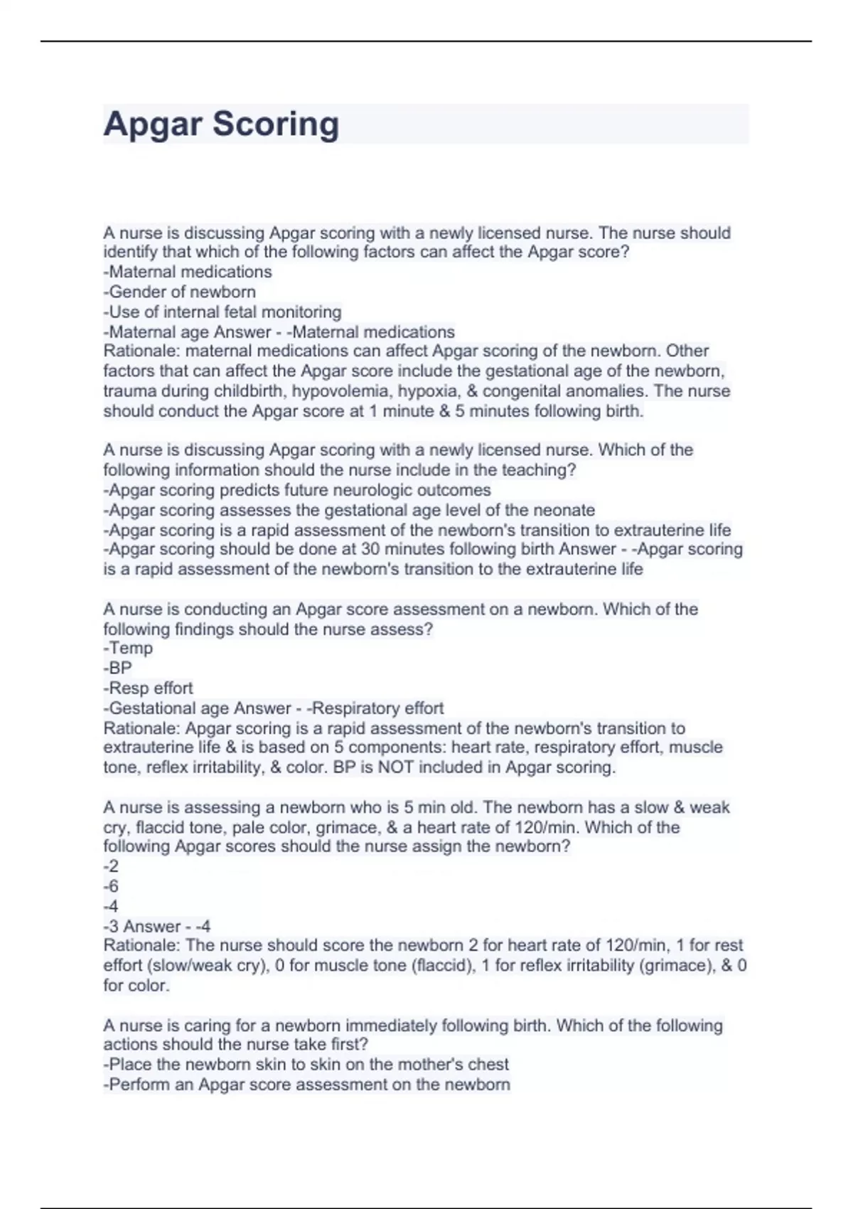 Apgar Scoring - Apgar - Stuvia US