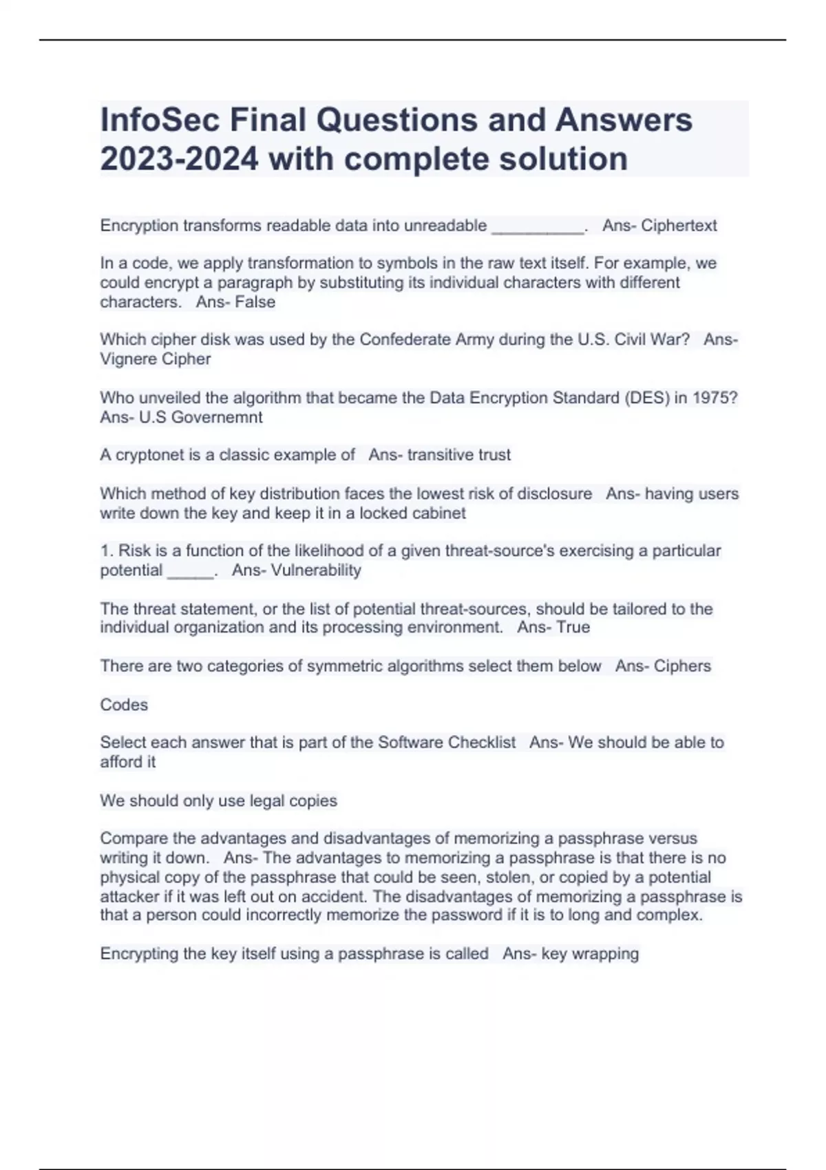 Infosec Final Questions And Answers With Complete Solution Infosec Stuvia Us