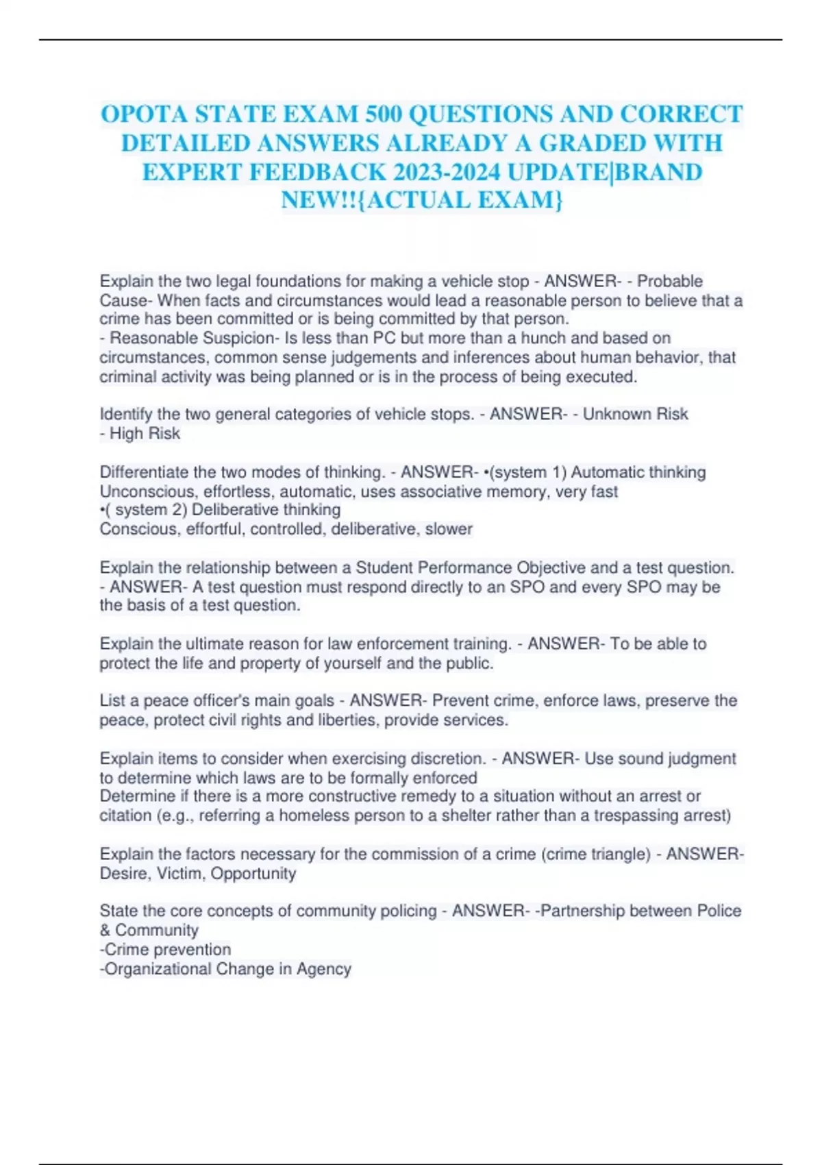 OPOTA STATE EXAM 500 QUESTIONS AND CORRECT DETAILED ANSWERS ALREADY A ...