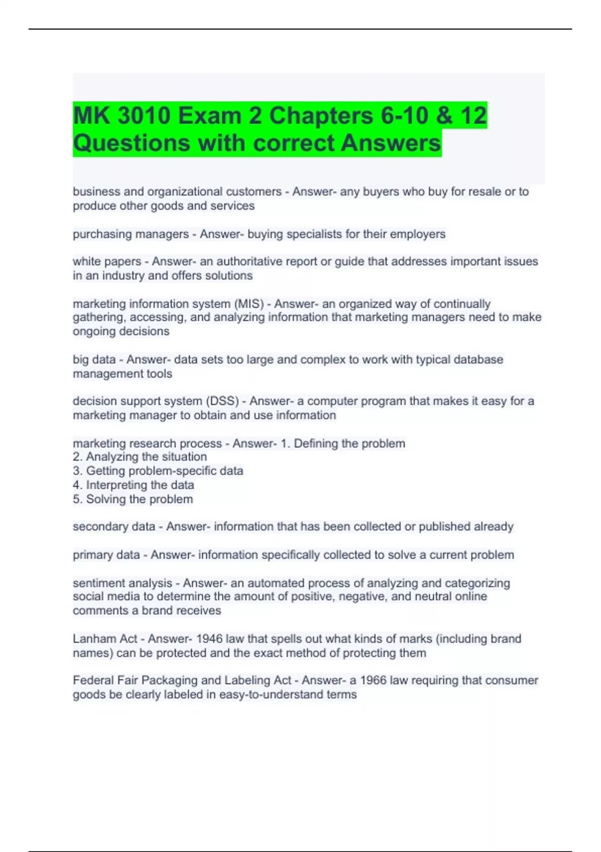 MK 3010 Exam 2 Chapters 6-10 & 12 Questions with correct Answers - GSU ...