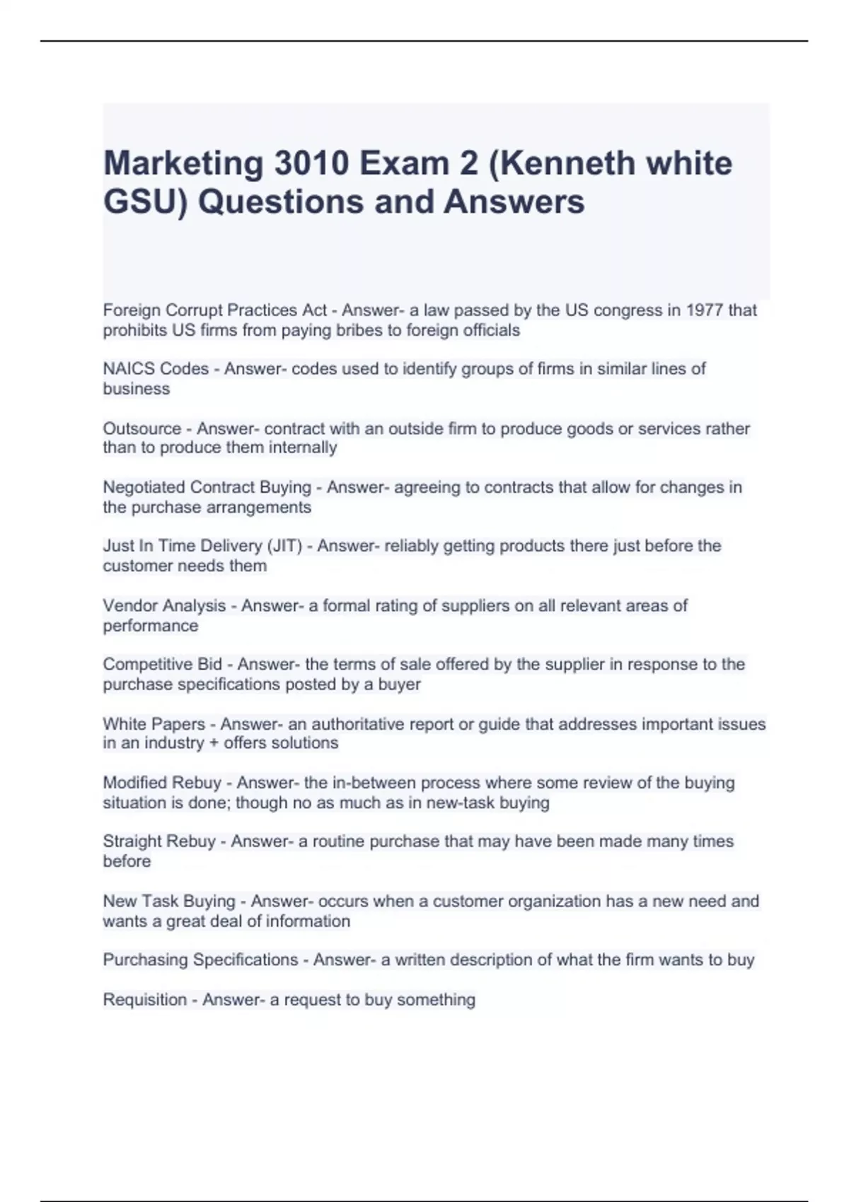 Marketing 3010 Exam 2 (Kenneth white GSU) Questions and Answers - GSU ...