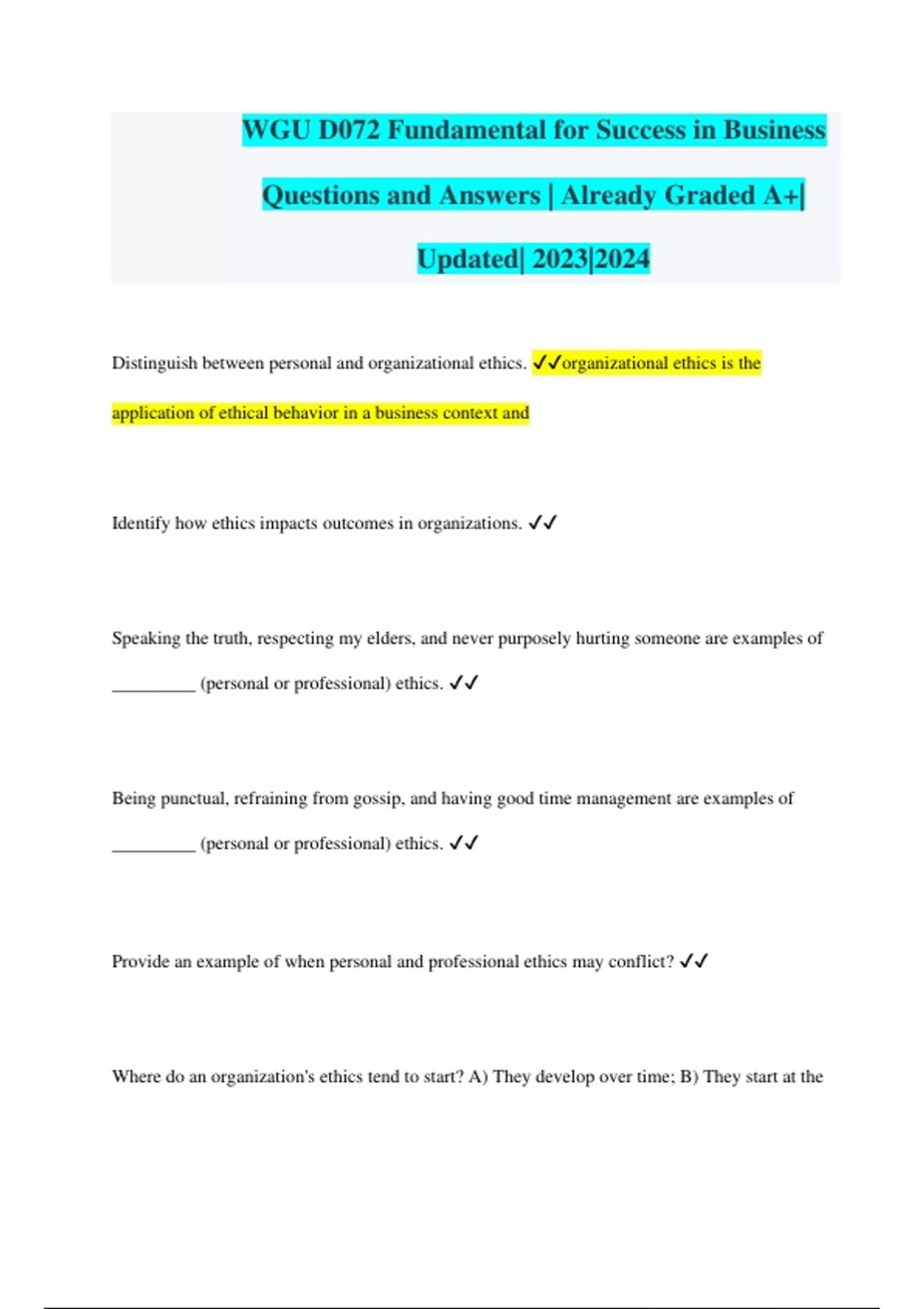 WGU D072 Fundamental for Success in Business Questions and Answers ...