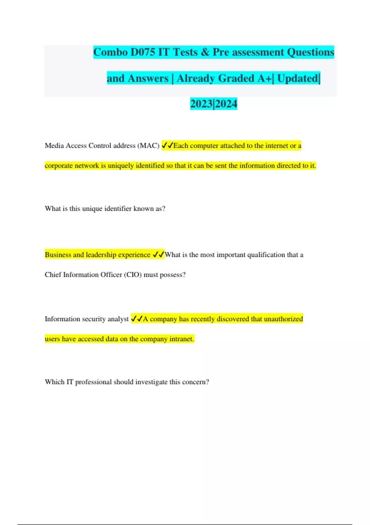 Combo D075 IT Tests & Pre assessment Questions and Answers | Already ...