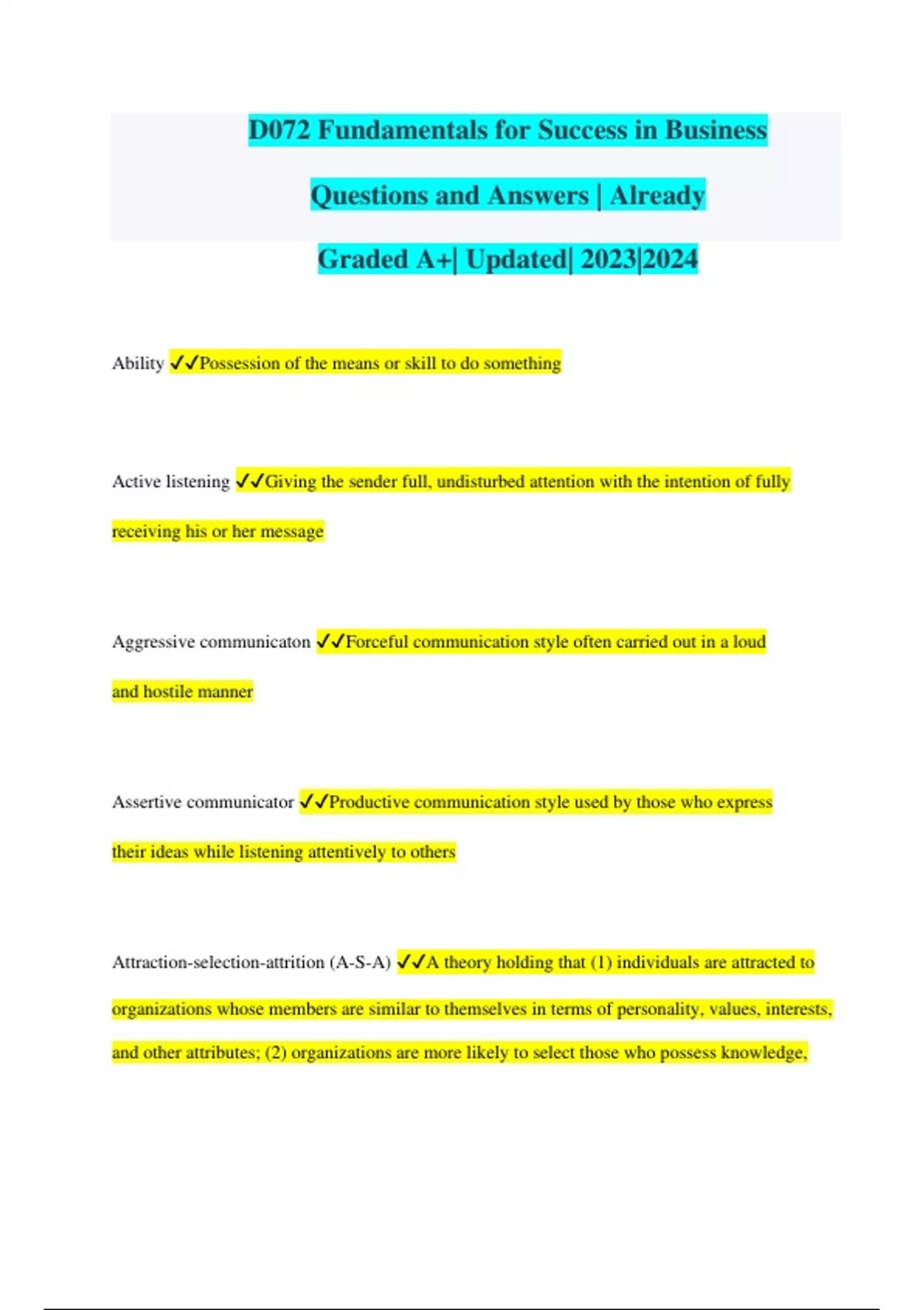 WGU D072 Fundamentals for Success in Business Questions and Answers ...