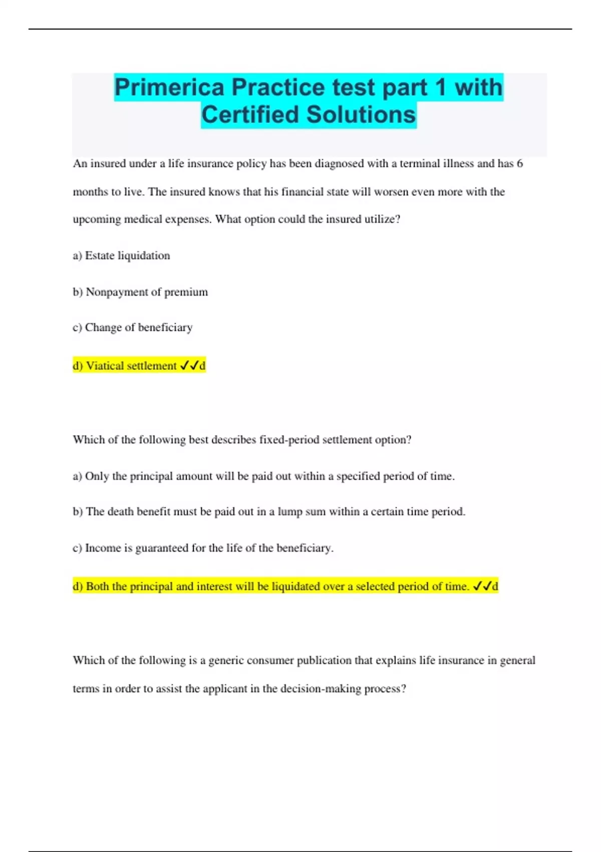 Primerica Practice test part 1 Questions with Certified Solutions ...