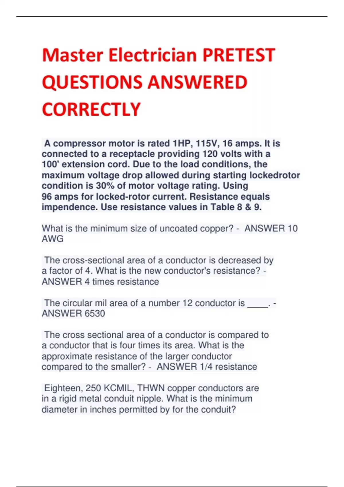 Master Electrician PRETEST QUESTIONS ANSWERED CORRECTLY - Master ...