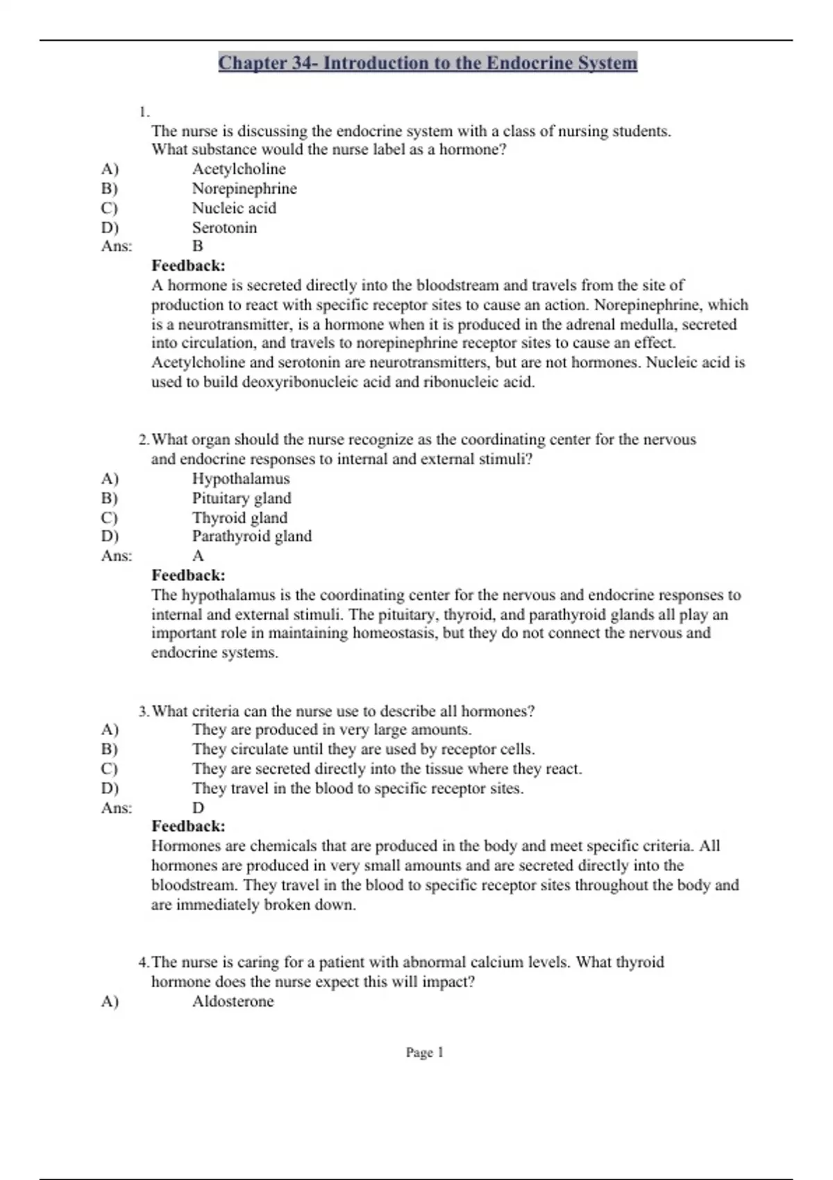 Chapter 34- Introduction to the Endocrine System - Nursing - Stuvia US