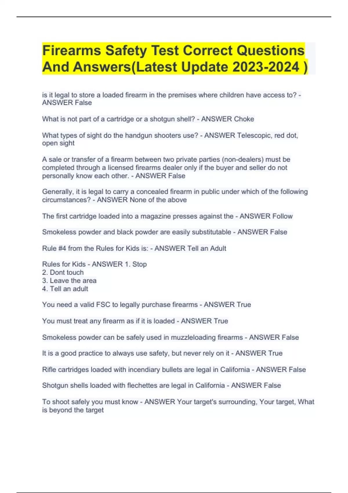 Firearms Safety Test Correct Questions And Answers(Latest Update ...