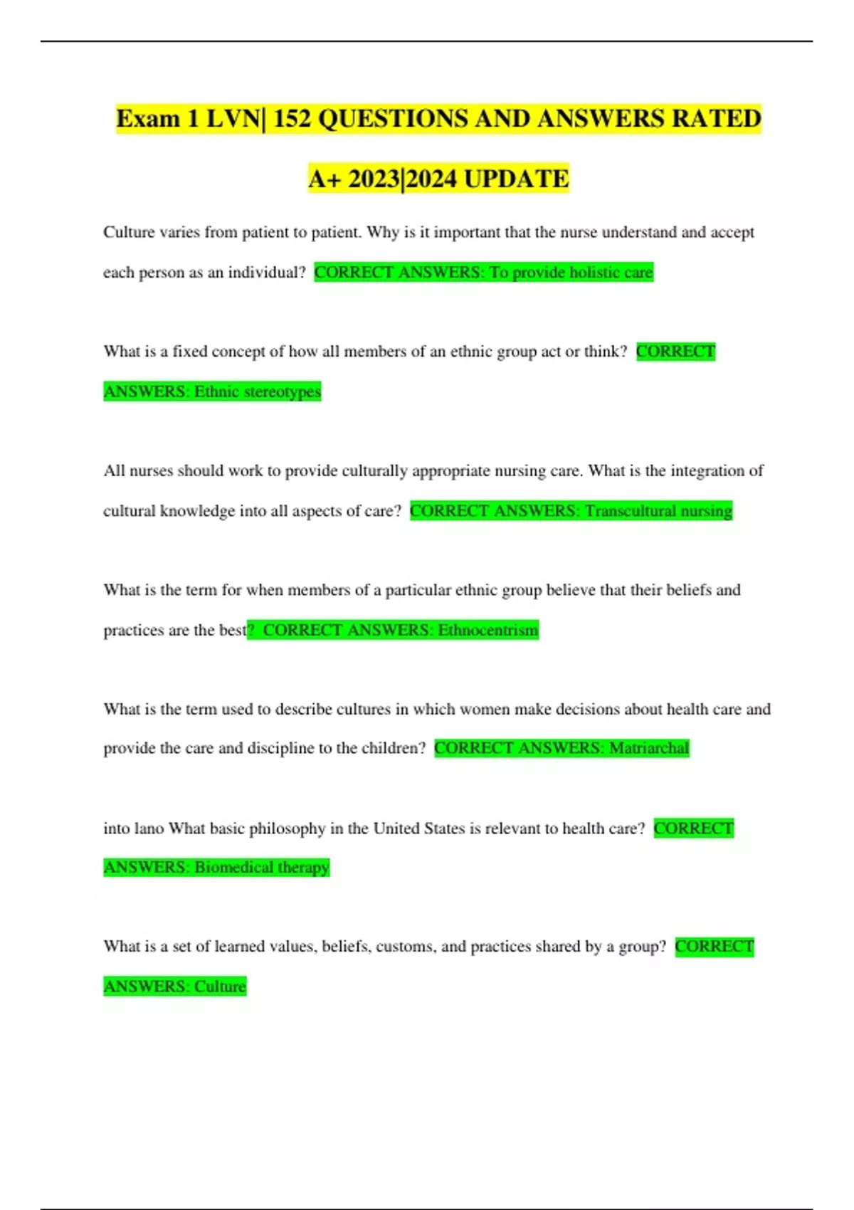 Exam 1 LVN| 152 QUESTIONS AND ANSWERS RATED A+ 2023|2024 UPDATE - Lvn ...