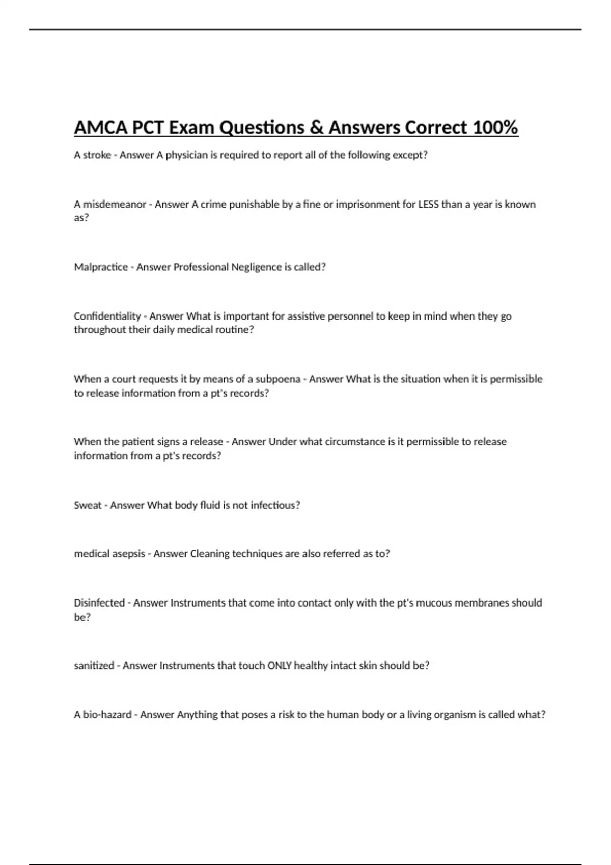 AMCA PCT Exam Questions & Answers Correct 100% - AMCA - Stuvia US