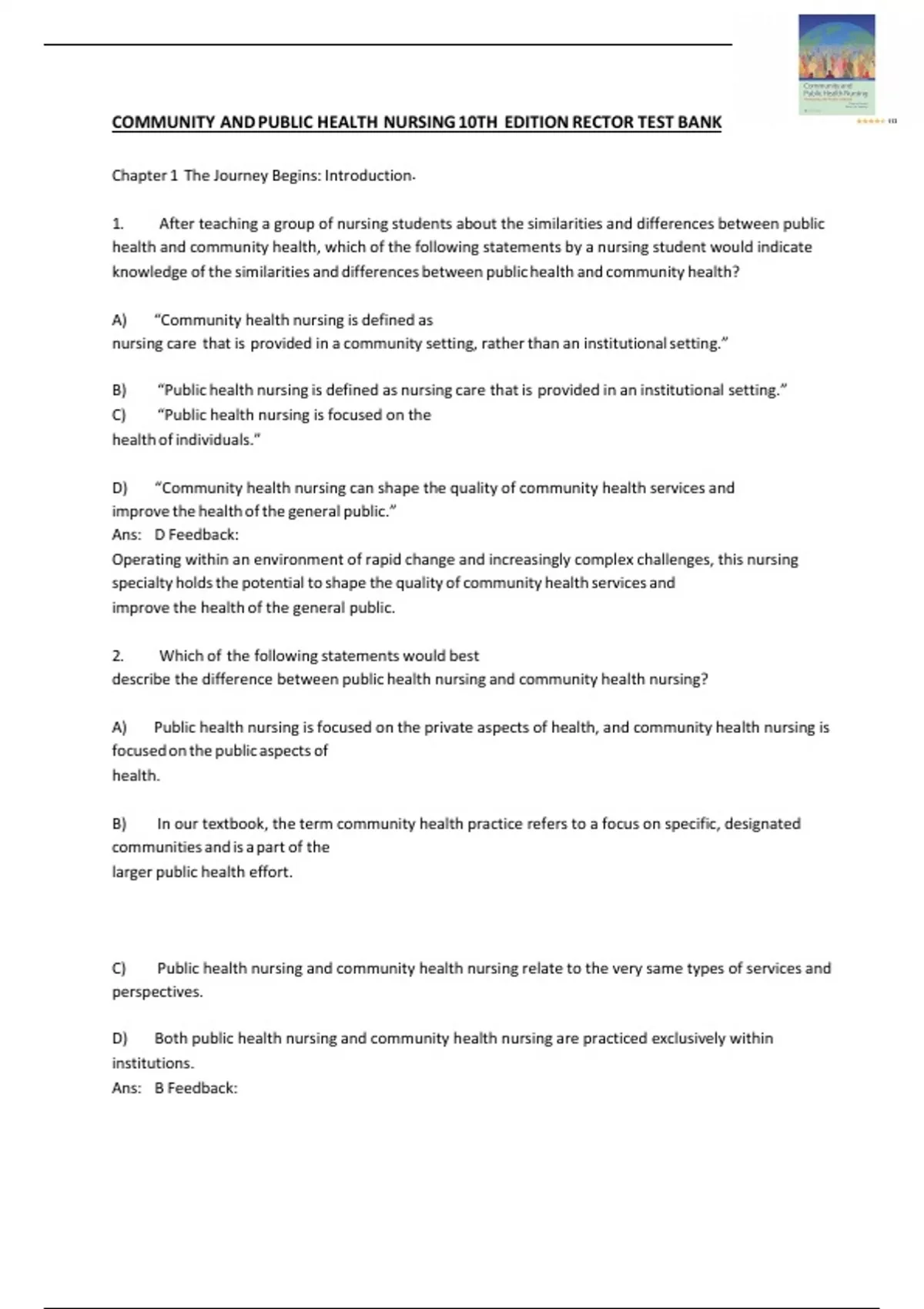 TEST BANK For COMMUNITY AND PUBLIC HEALTH NURSING 10TH EDITION By ...