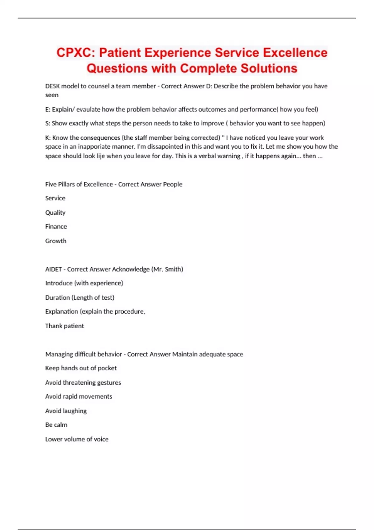 CPXC: Patient Experience Service Excellence Questions with Complete Solutions - CPXP - Stuvia US