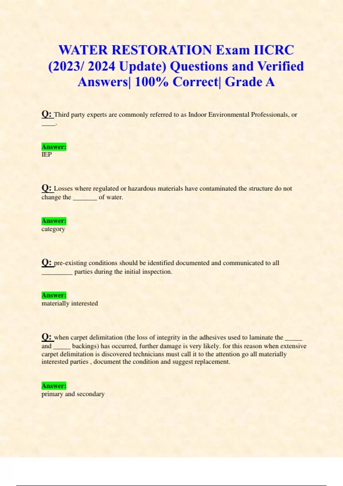 WATER RESTORATION Exam IICRC (2023/ 2024 Update) Questions and Verified ...