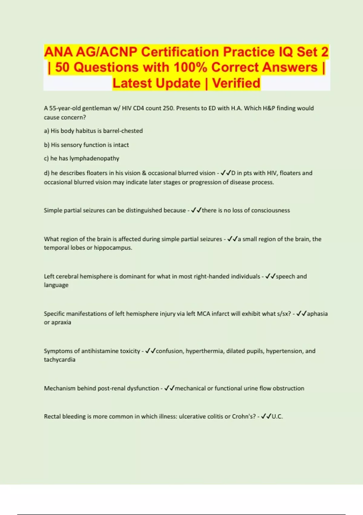 ANA AG/ACNP Certification Practice IQ Set 2 | 50 Questions with 100% ...