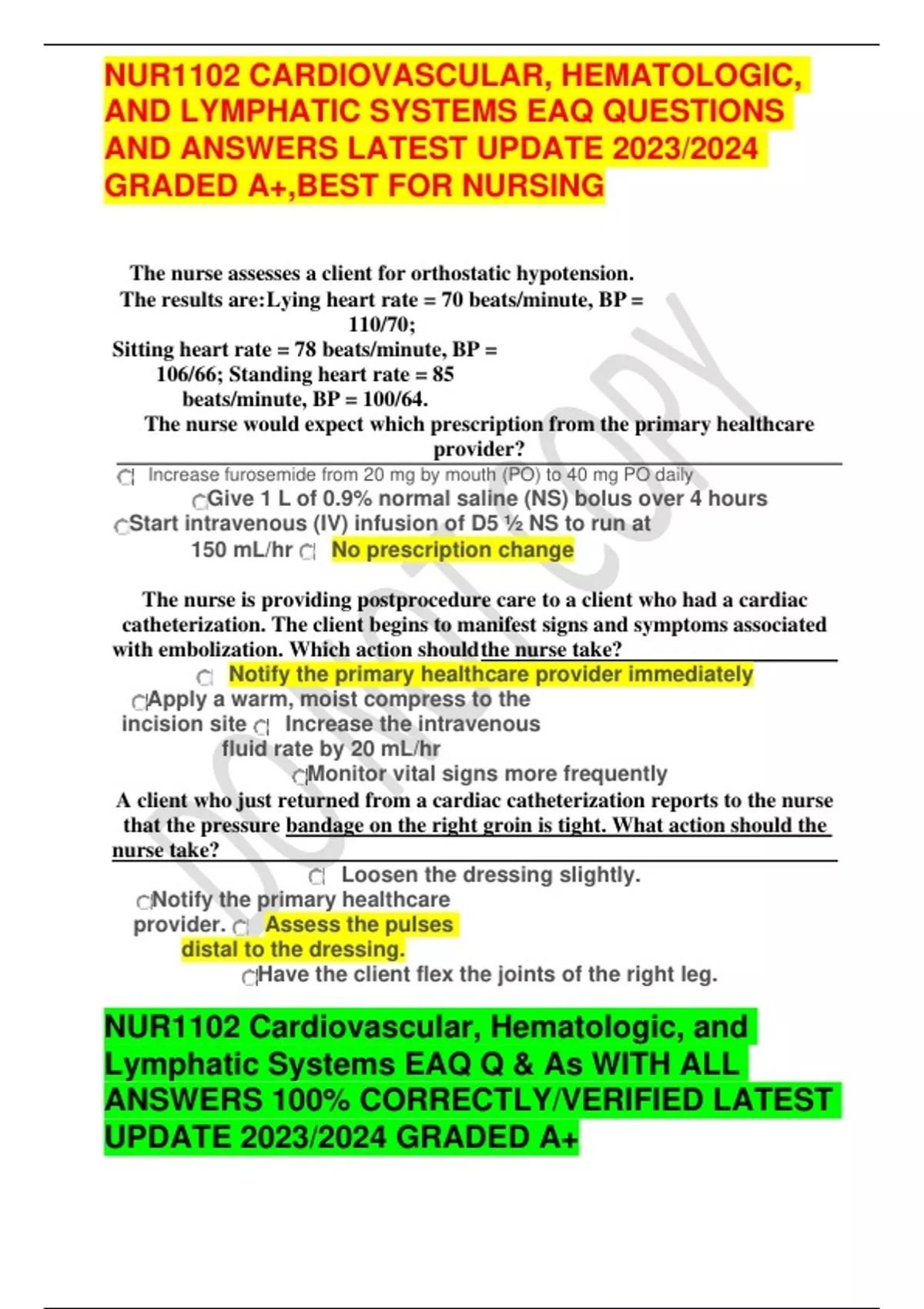 NUR1102 CARDIOVASCULAR, HEMATOLOGIC, AND LYMPHATIC SYSTEMS EAQ ...