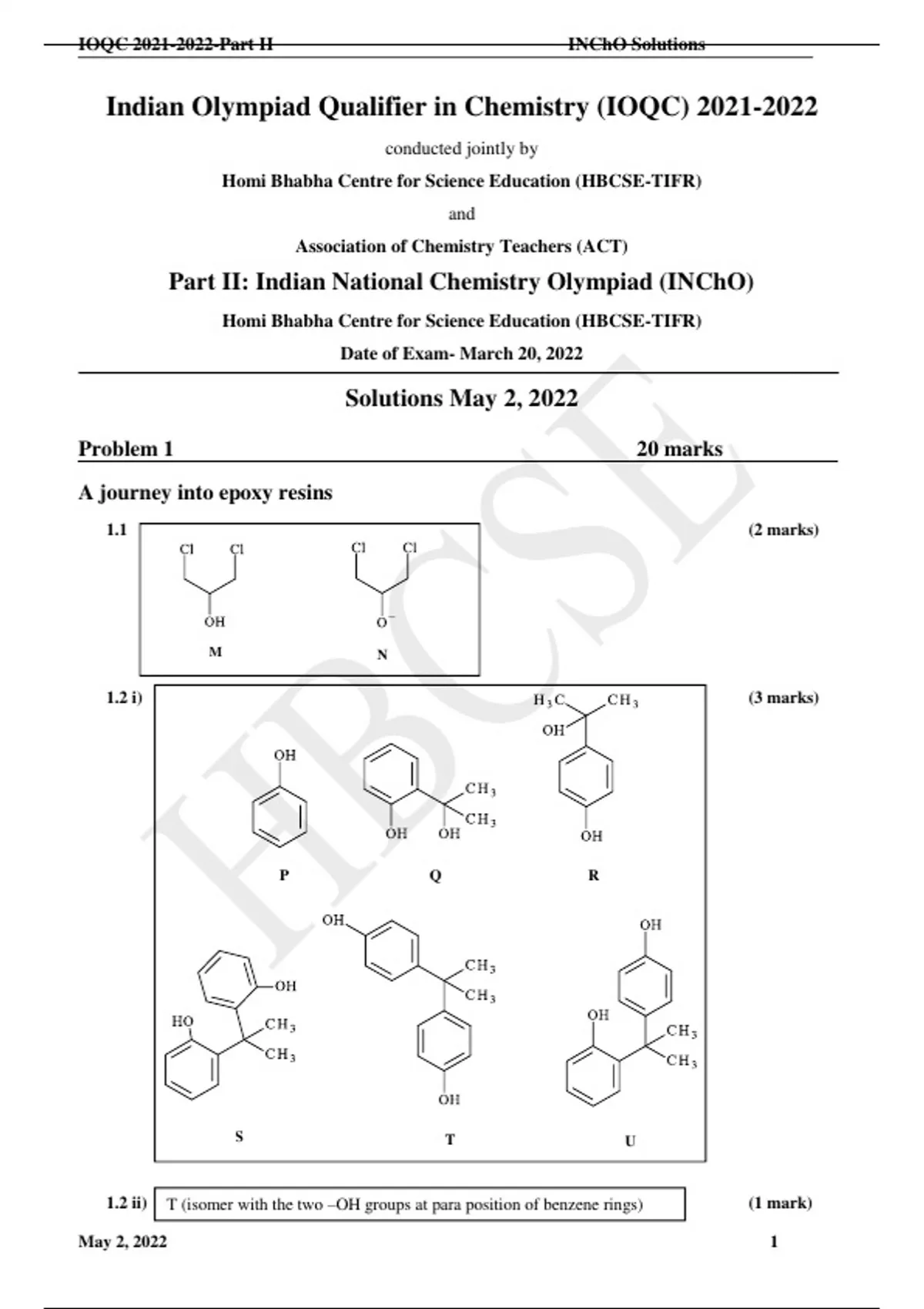 Indian National Chemistry Olympiad 2022 - Answer Key - INChO - Stuvia US