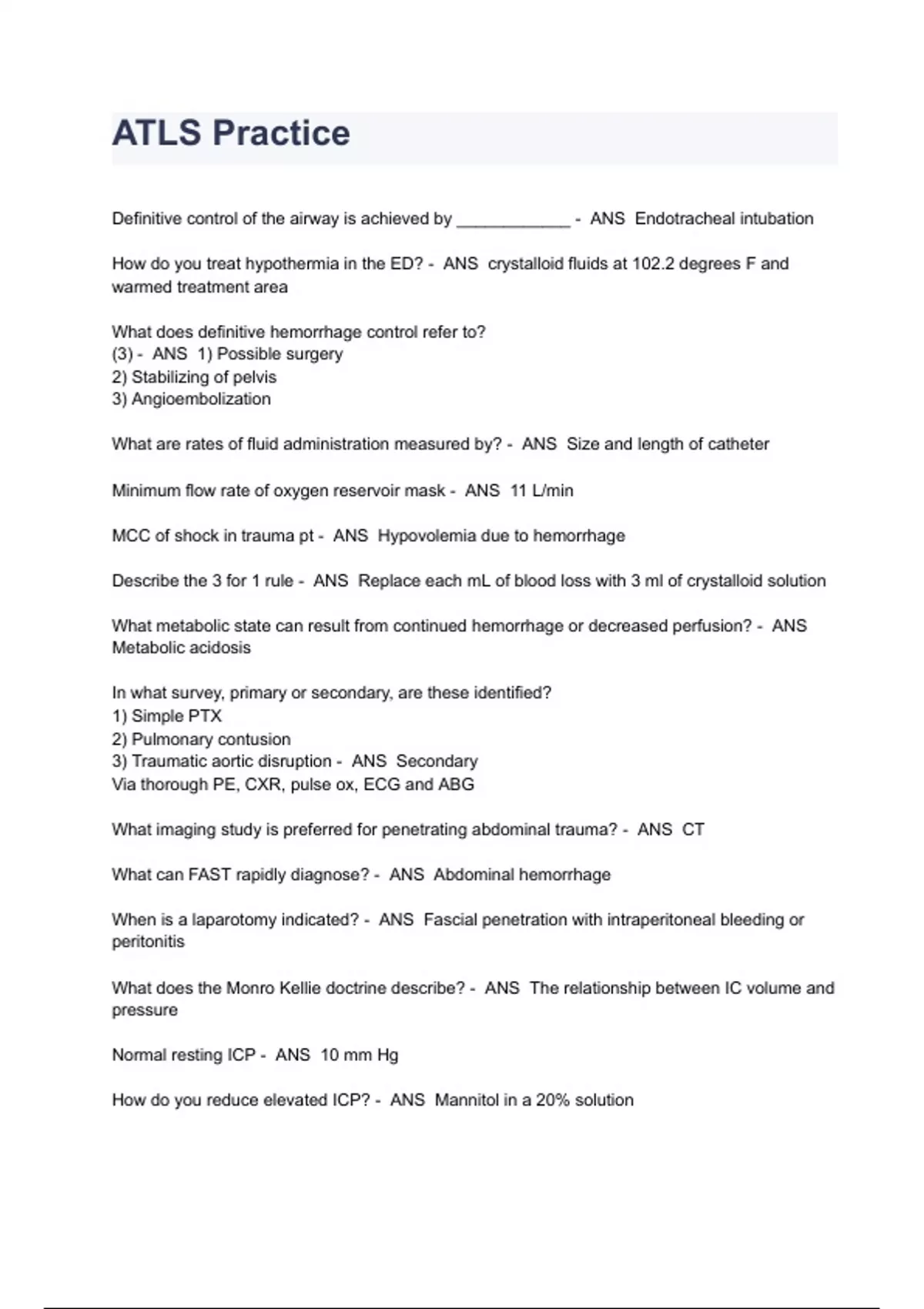 ATLS POST Practice Test Questions And Answers Medicine 108 Stuvia US