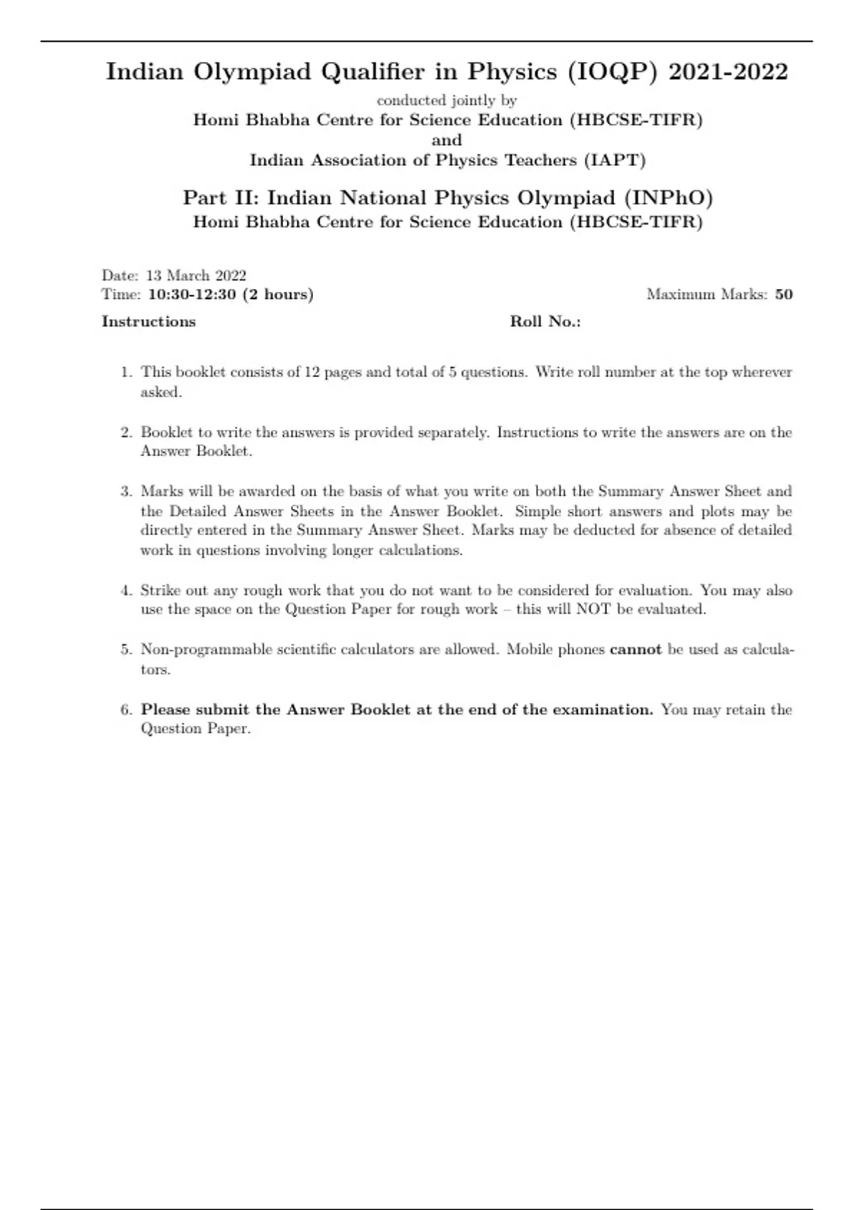 Indian National Physics Olympiad (INPhO) 2022 - With Answers - INPhO ...