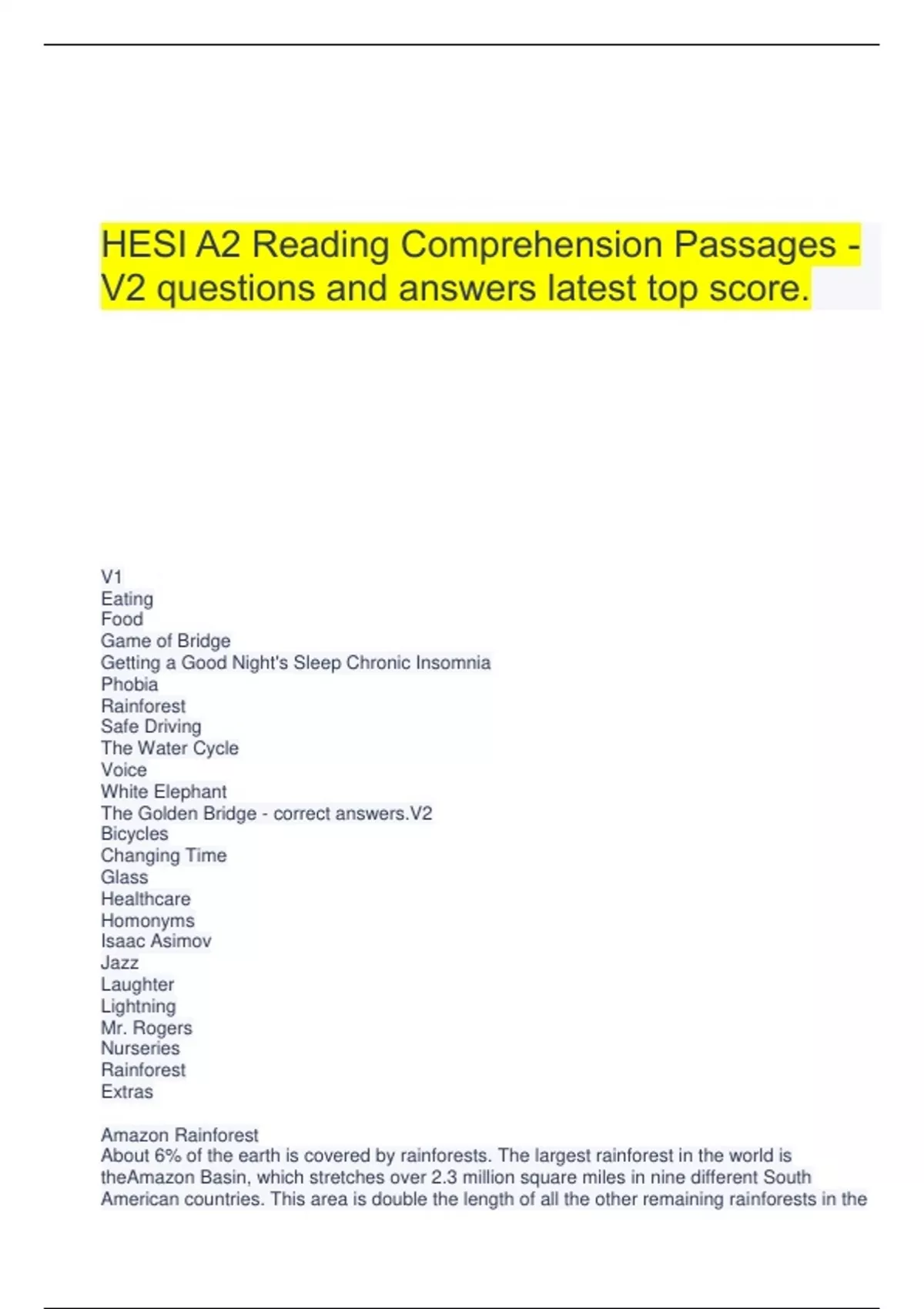 HESI A2 Reading Comprehension Passages - V2 questions and answers ...