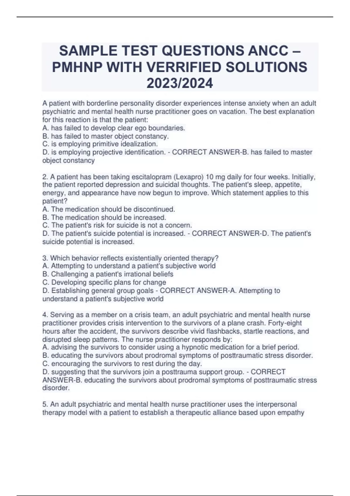 SAMPLE TEST QUESTIONS ANCC – PMHNP WITH VERRIFIED SOLUTIONS 2023/2024 ...