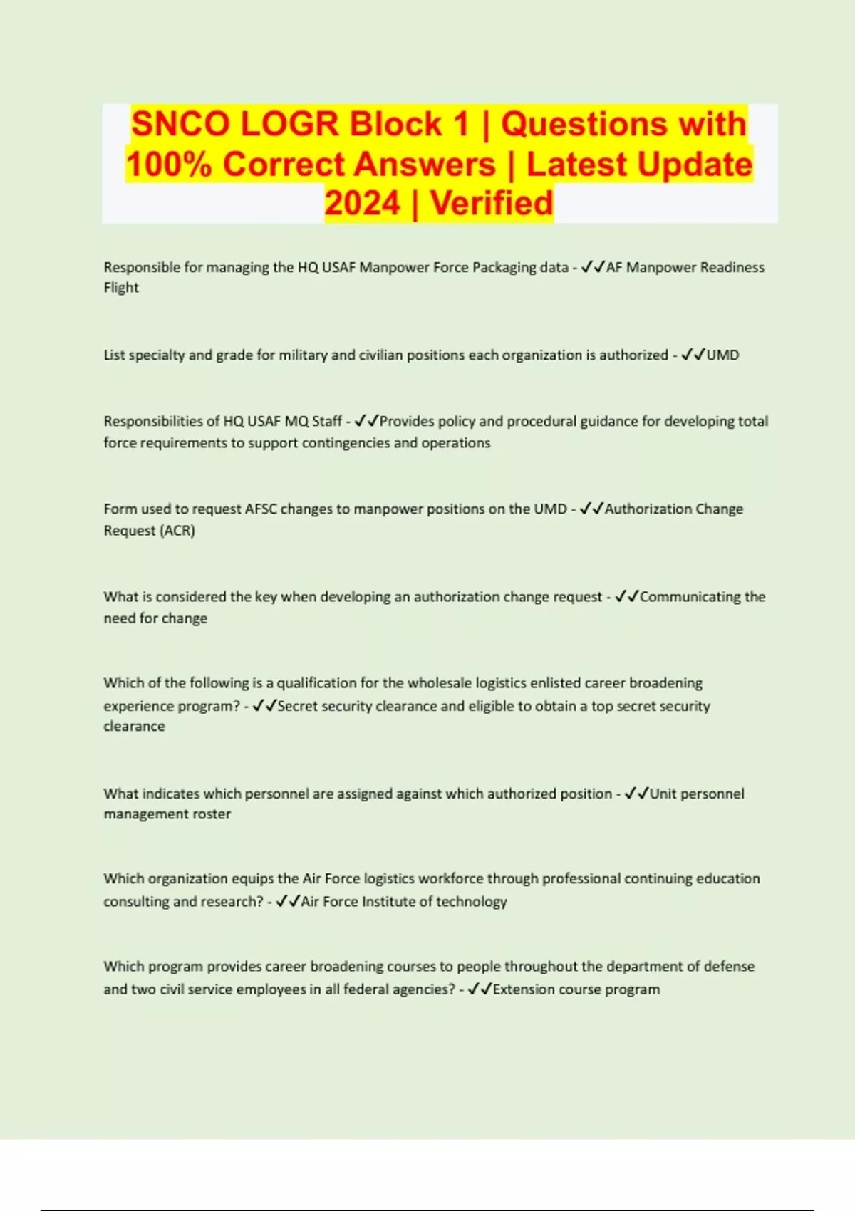 SNCO LOGR Block 1 | Questions with 100% Correct Answers | Latest Update ...