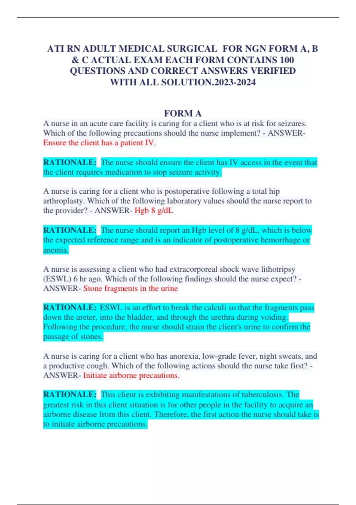 ATI RN ADULT MEDICAL SURGICAL FOR NGN FORM A, B & C ACTUAL EXAM EACH ...