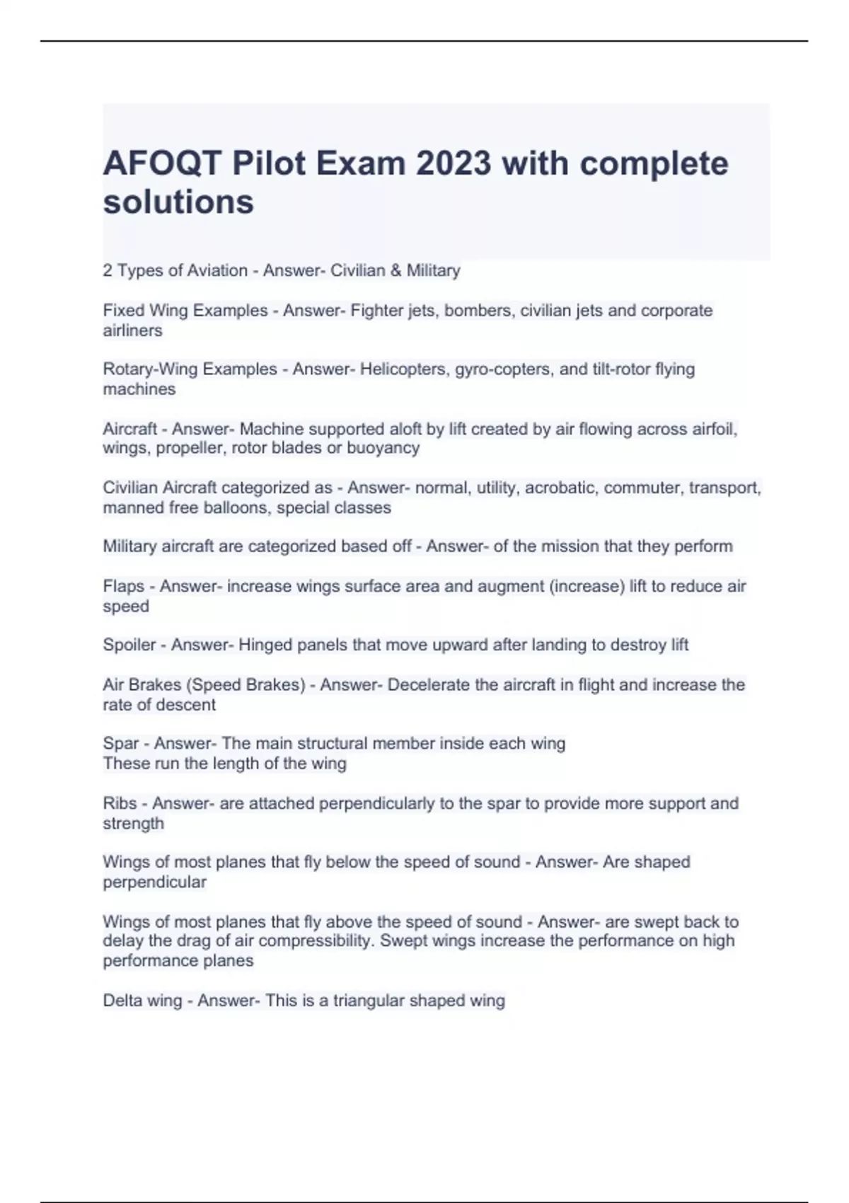 AFOQT Pilot Exam 2023 with complete solutions - AFOQT Aviation - Stuvia UK