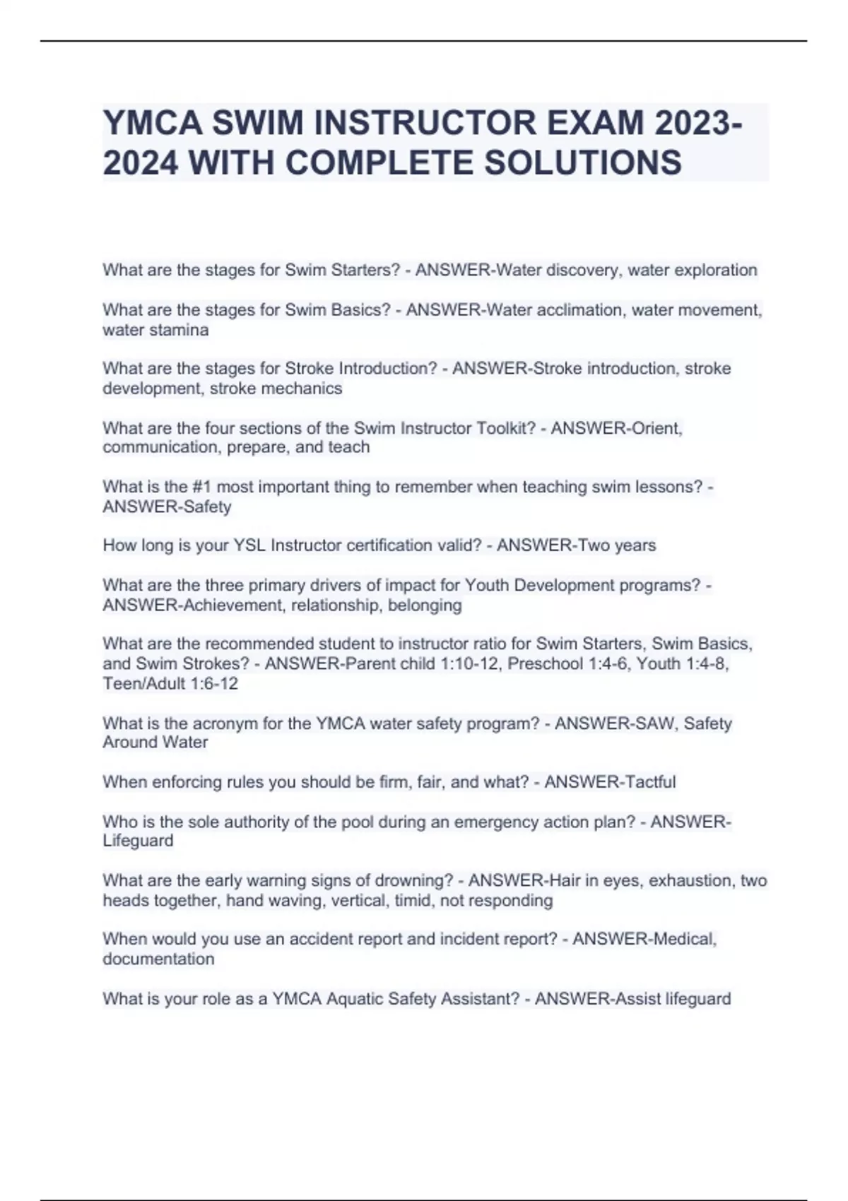 YMCA SWIM INSTRUCTOR EXAM WITH COMPLETE SOLUTIONS - YMCA SWIM ...