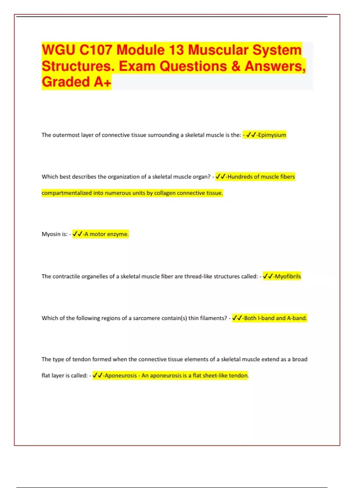 WGU C107 Module 13 Muscular System Structures. Exam Questions & Answers ...