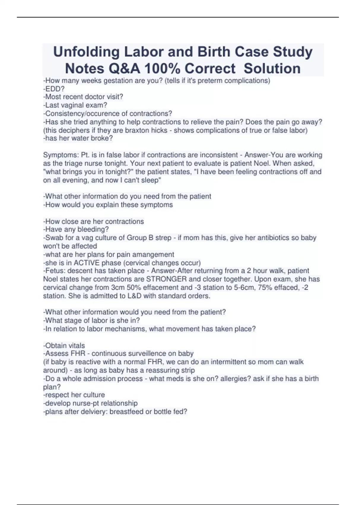 Unfolding Labor and Birth Case Study Notes Q&A 100% Correct Solution ...