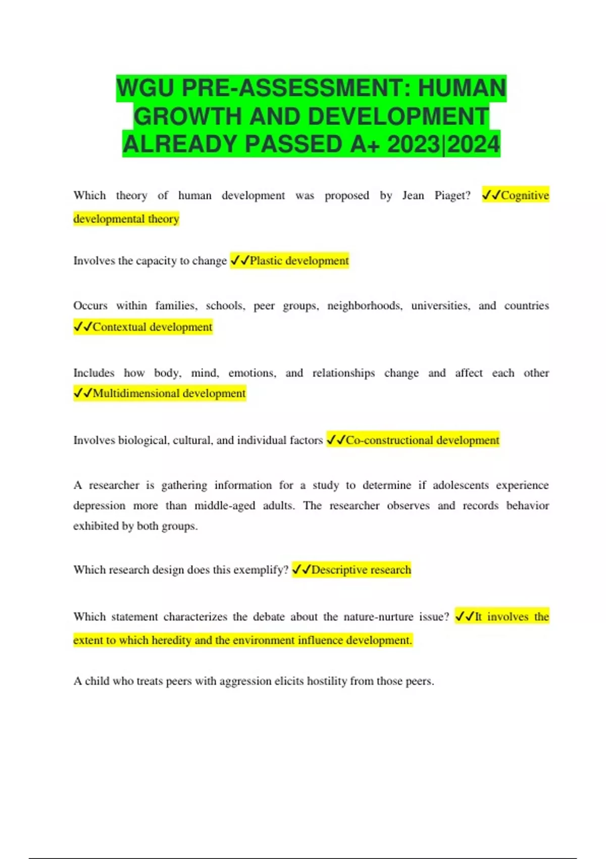 WGU PRE-ASSESSMENT: HUMAN GROWTH AND DEVELOPMENT ALREADY PASSED A+ 2023|2024 - WGU PRE ...