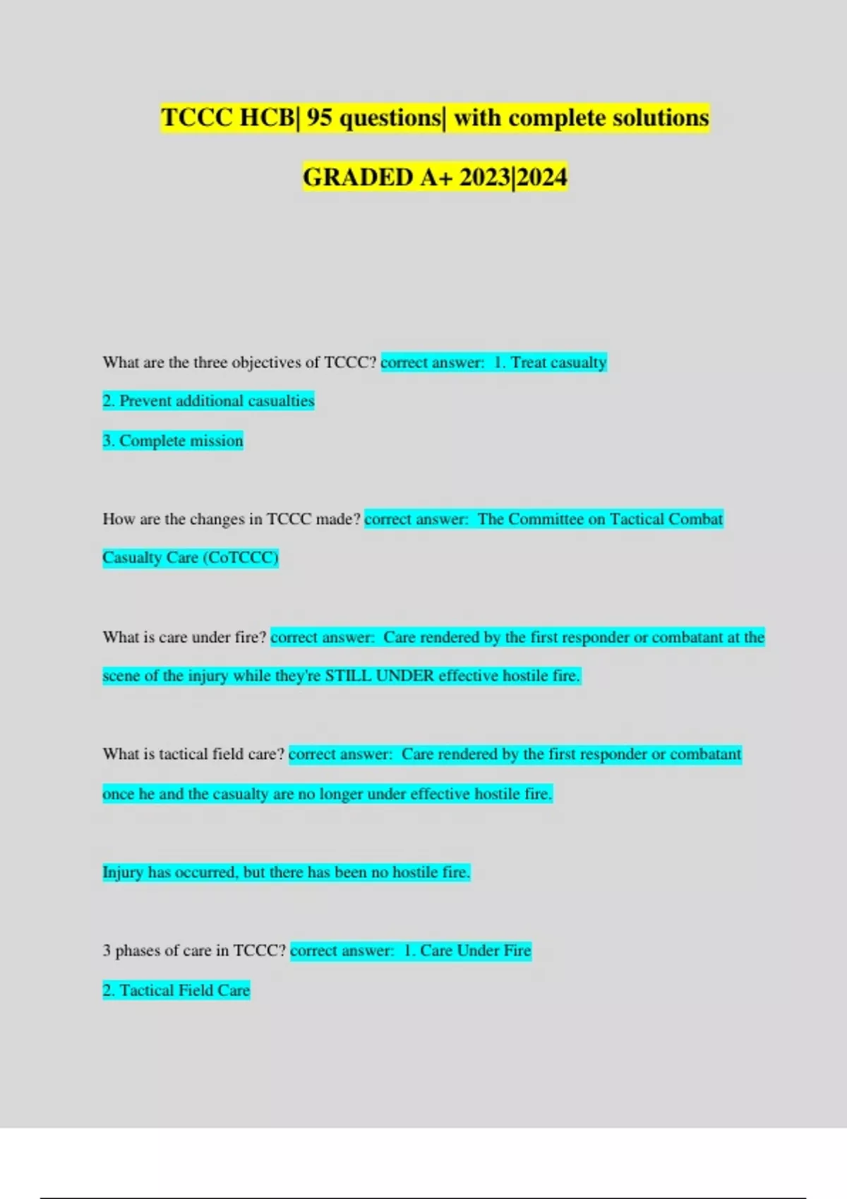 TCCC HCB| 95 questions| with complete solutions GRADED A+ 2023|2024 ...