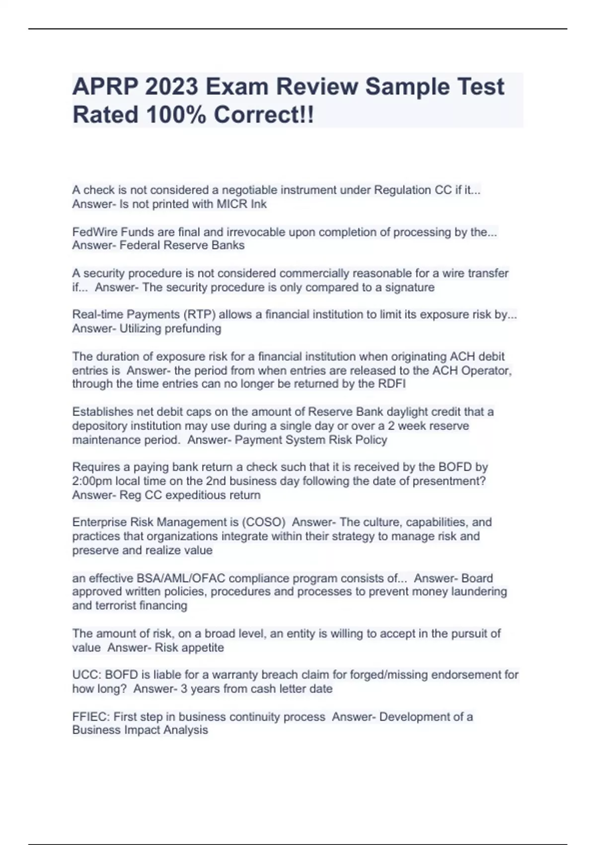 APRP 2023 Exam Review Sample Test Rated 100% Correct!! - APRP - Stuvia US